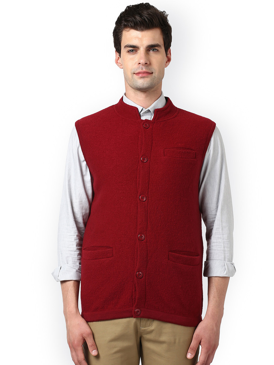 Buy ColorPlus Men Red Solid Woolen Nehru Jacket - Nehru Jackets for Men ...