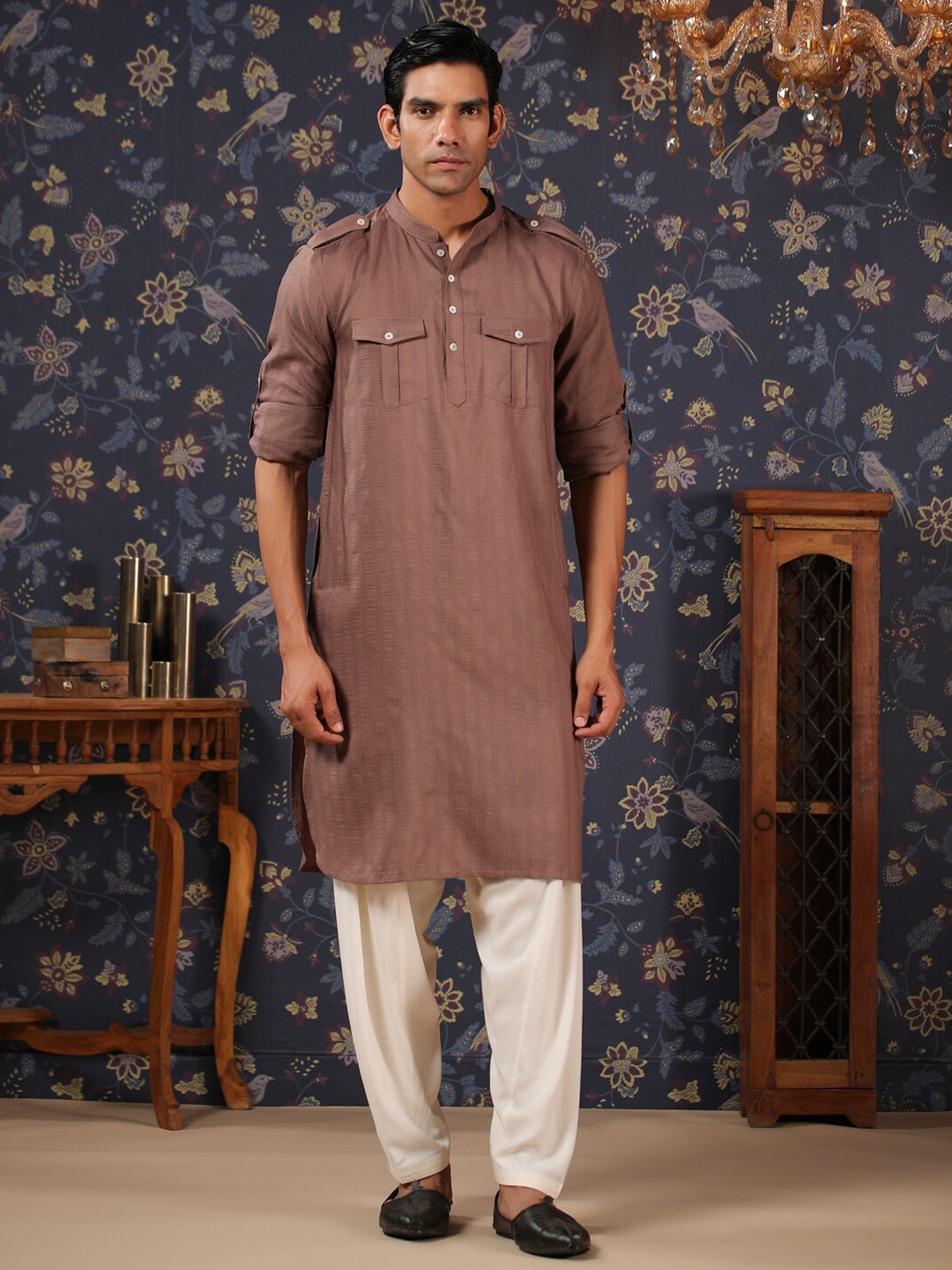 Buy House Of Pataudi Woven Design Mandarin Collar Pathani Kurta With ...