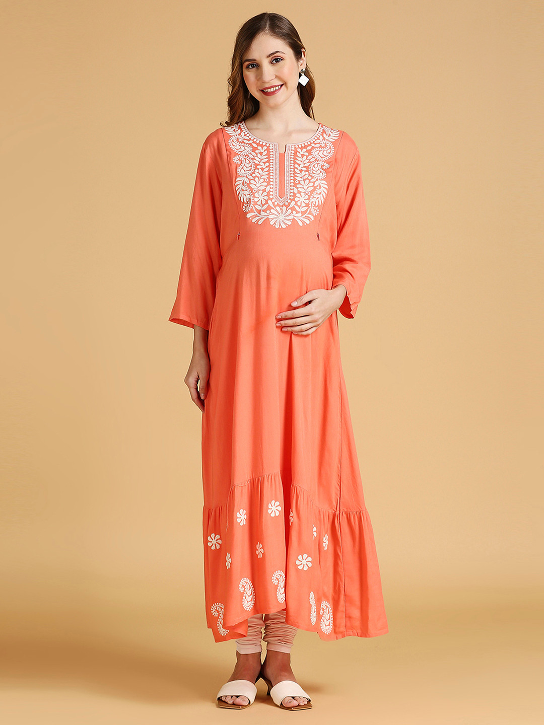 Buy MomToBe Floral Yoke Design Notched Neck Thread Work Maternity ...