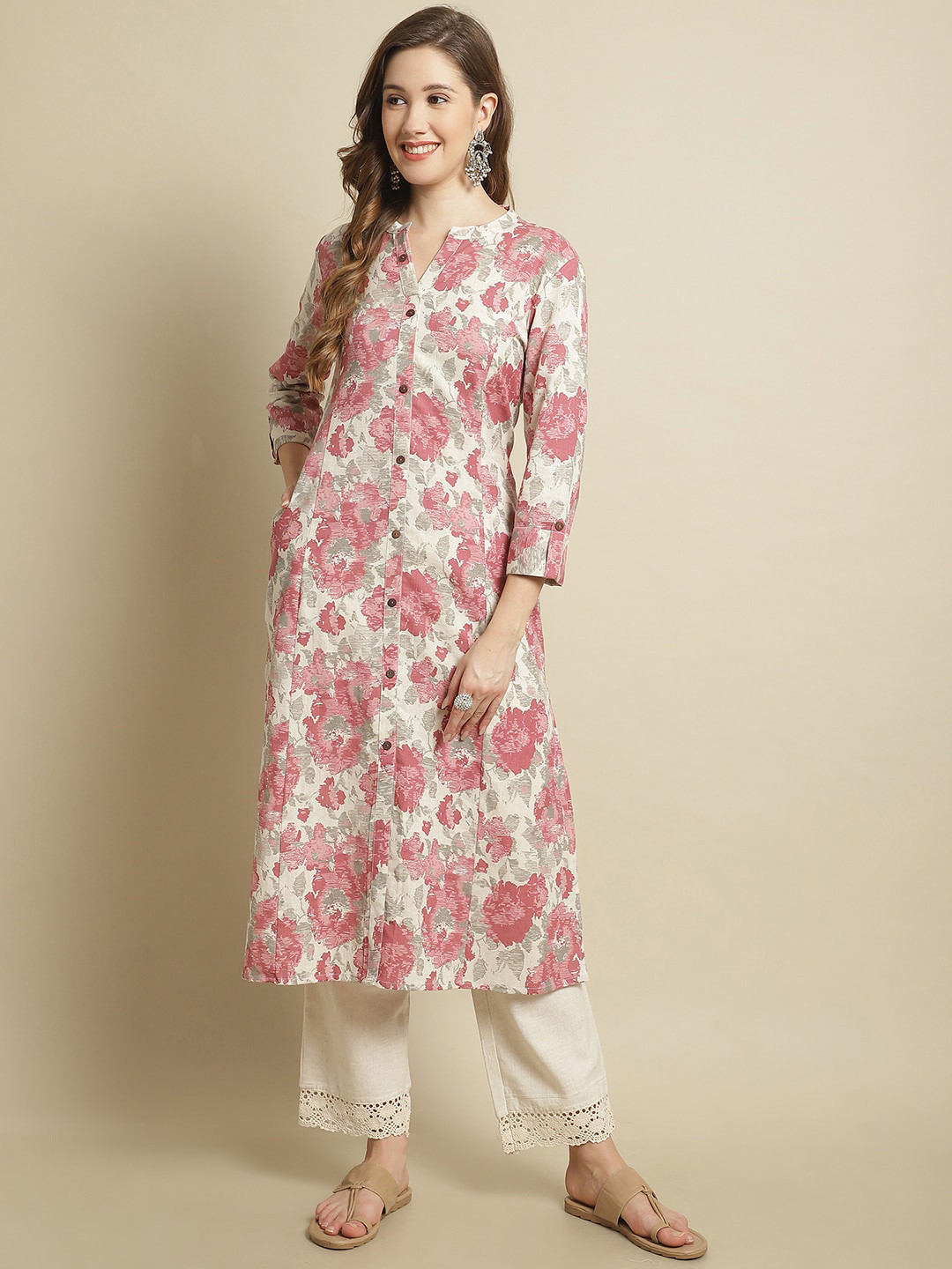 Buy Pistaa Mandarin Collar Floral Printed Straight Pure Cotton Kurta ...