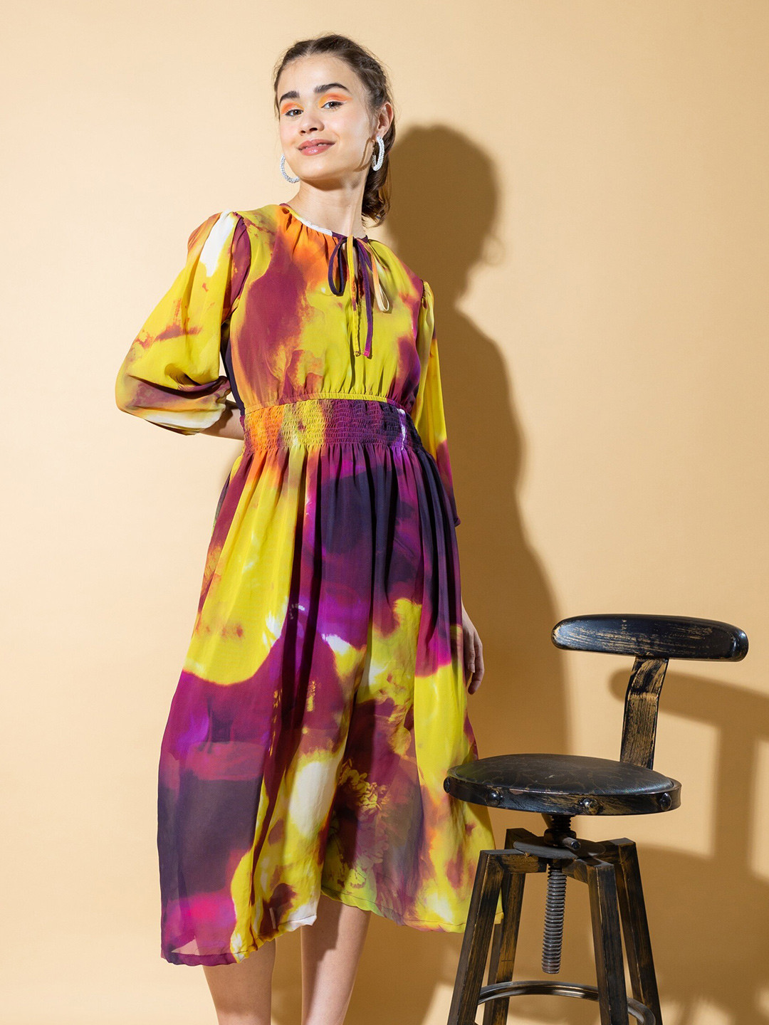 Buy Stylecast X Hersheinbox Yellow Tie And Dye Smocked Fit & Flare Midi ...