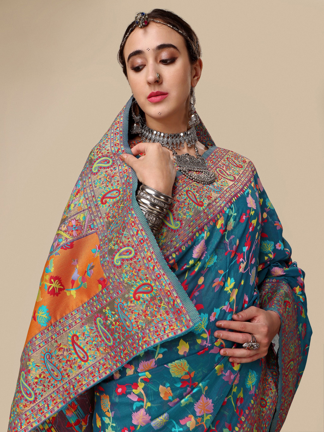 Buy Sangria Blue Floral Woven Design Zari Saree - Sarees for Women ...