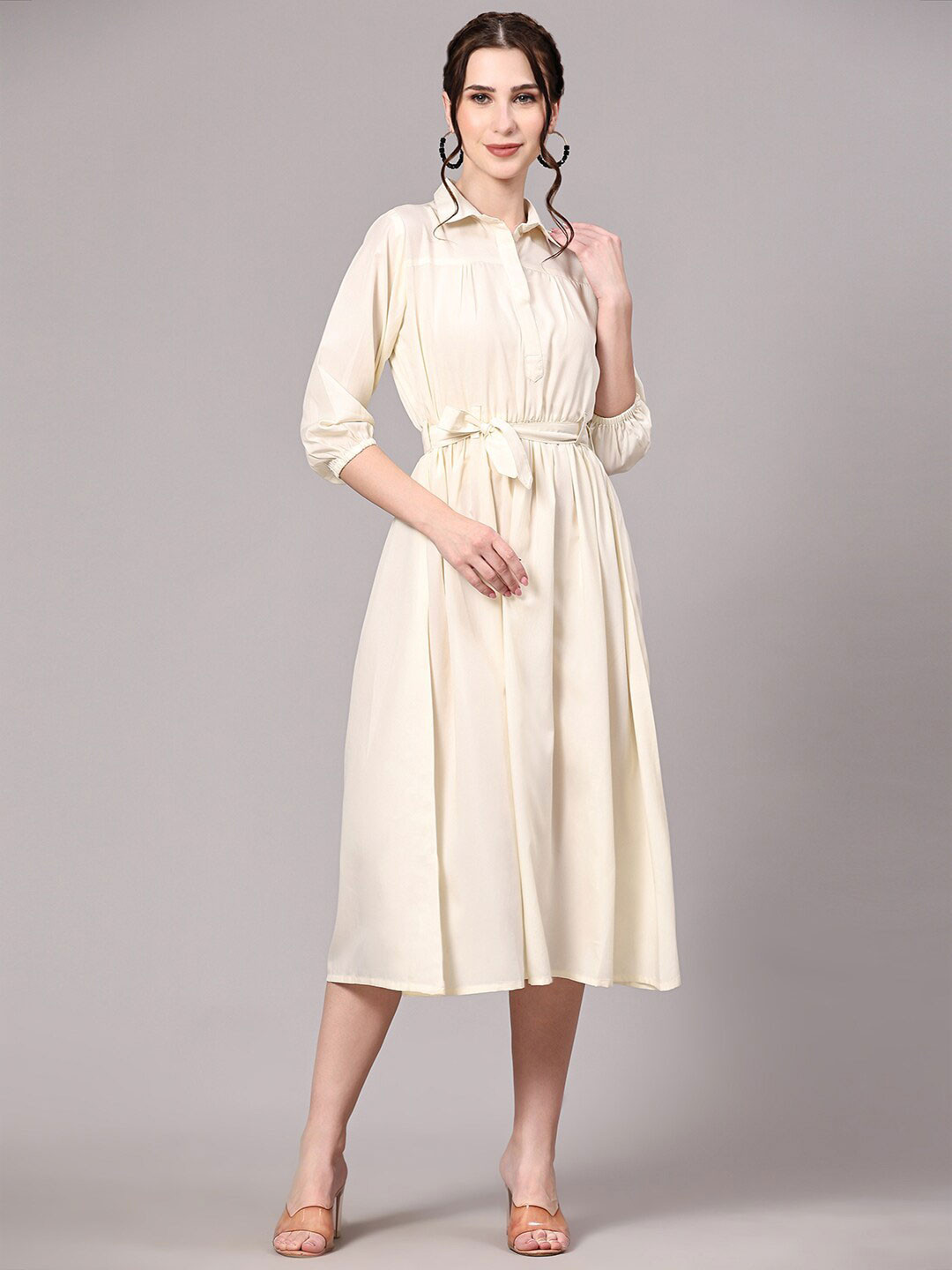 Buy V TRADITION Shirt Collar Puff Sleeves Shirt Midi Dress - Dresses ...