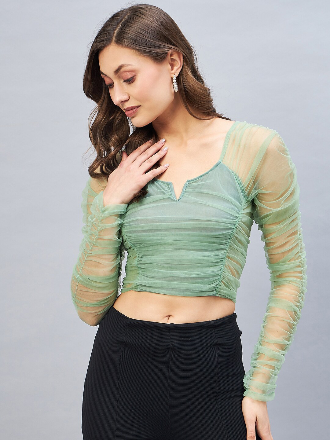 Buy DELAN Ruched Long Sleeves Semi Sheer Fitted Crop Top - Tops for ...