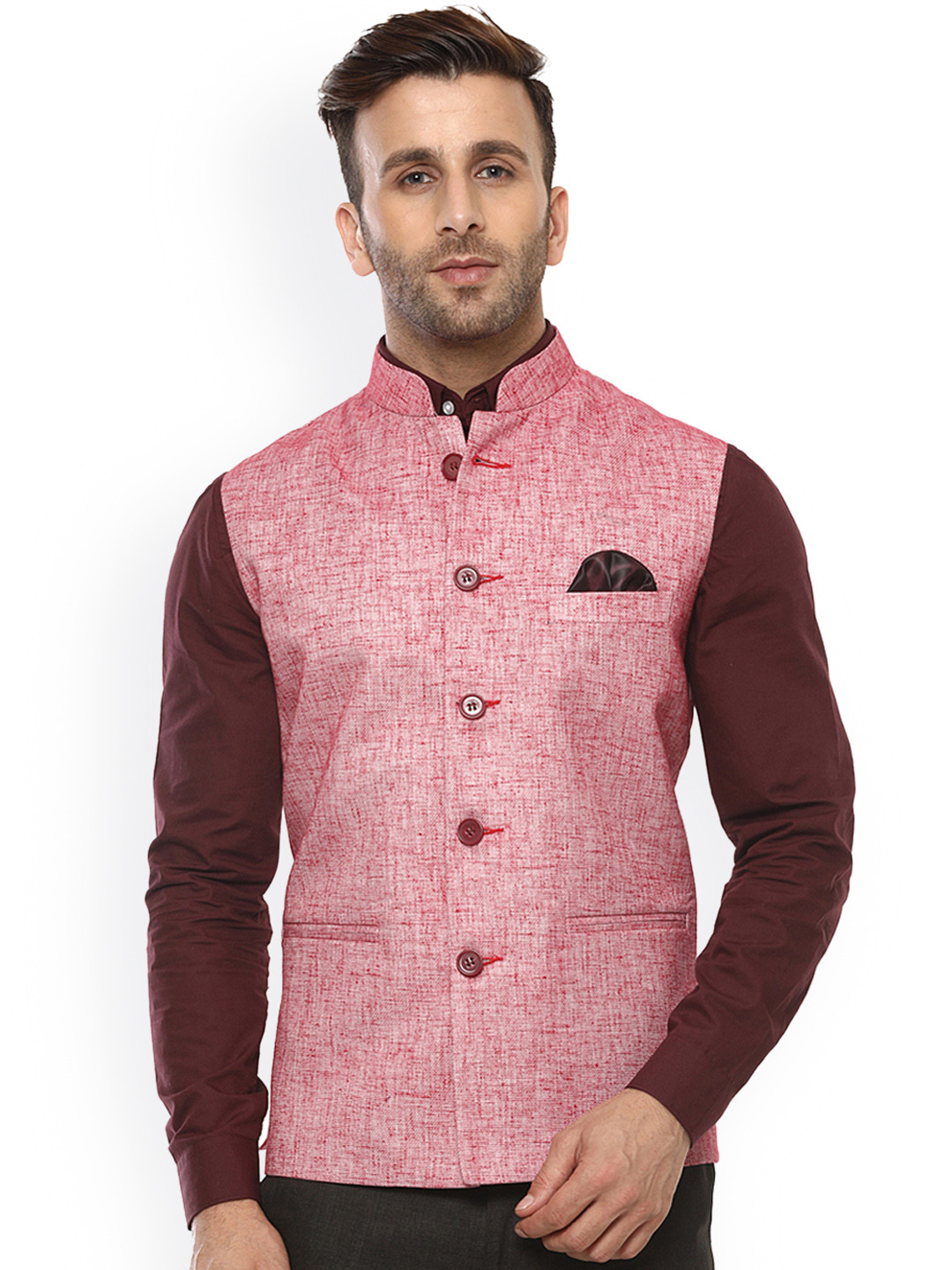 Buy Hangup Red Nehru Jacket With Pocket Square - Nehru Jackets for Men ...