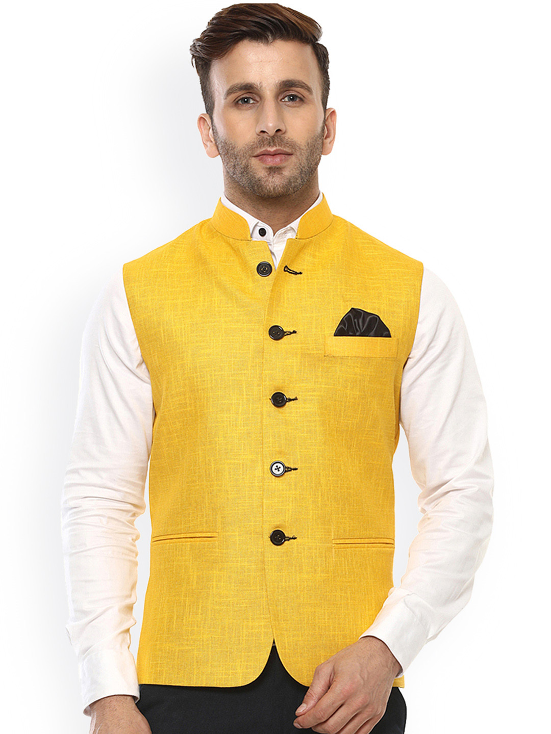 Buy Hangup Yellow Nehru Jacket With Pocket Square - Nehru Jackets for ...