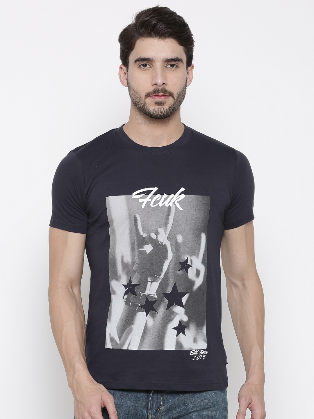 Buy French Connection Men Navy Blue Printed Round Neck Pure Cotton T ...