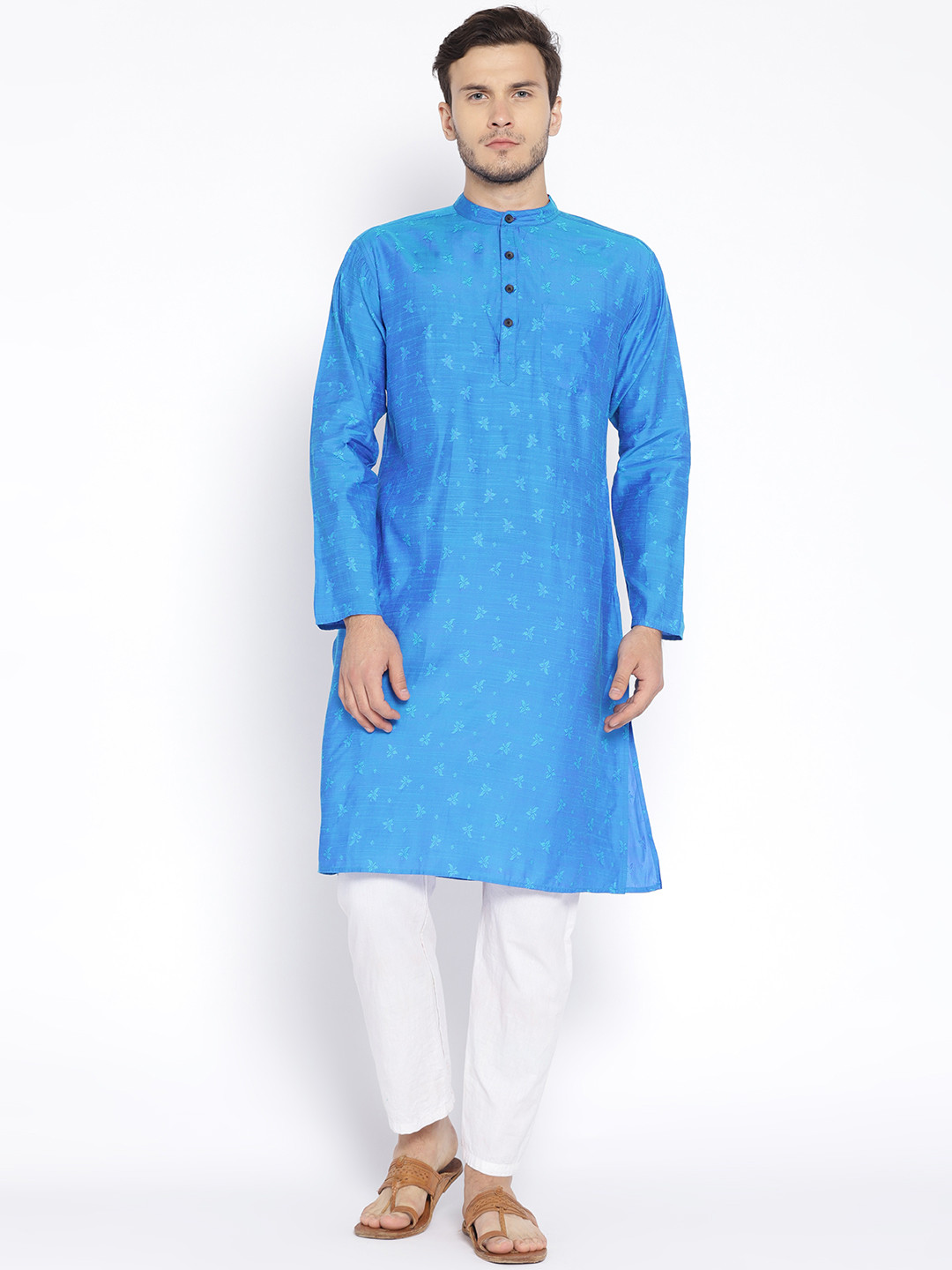Buy Svanik Men Blue Woven Design Straight Kurta - Kurtas for Men ...