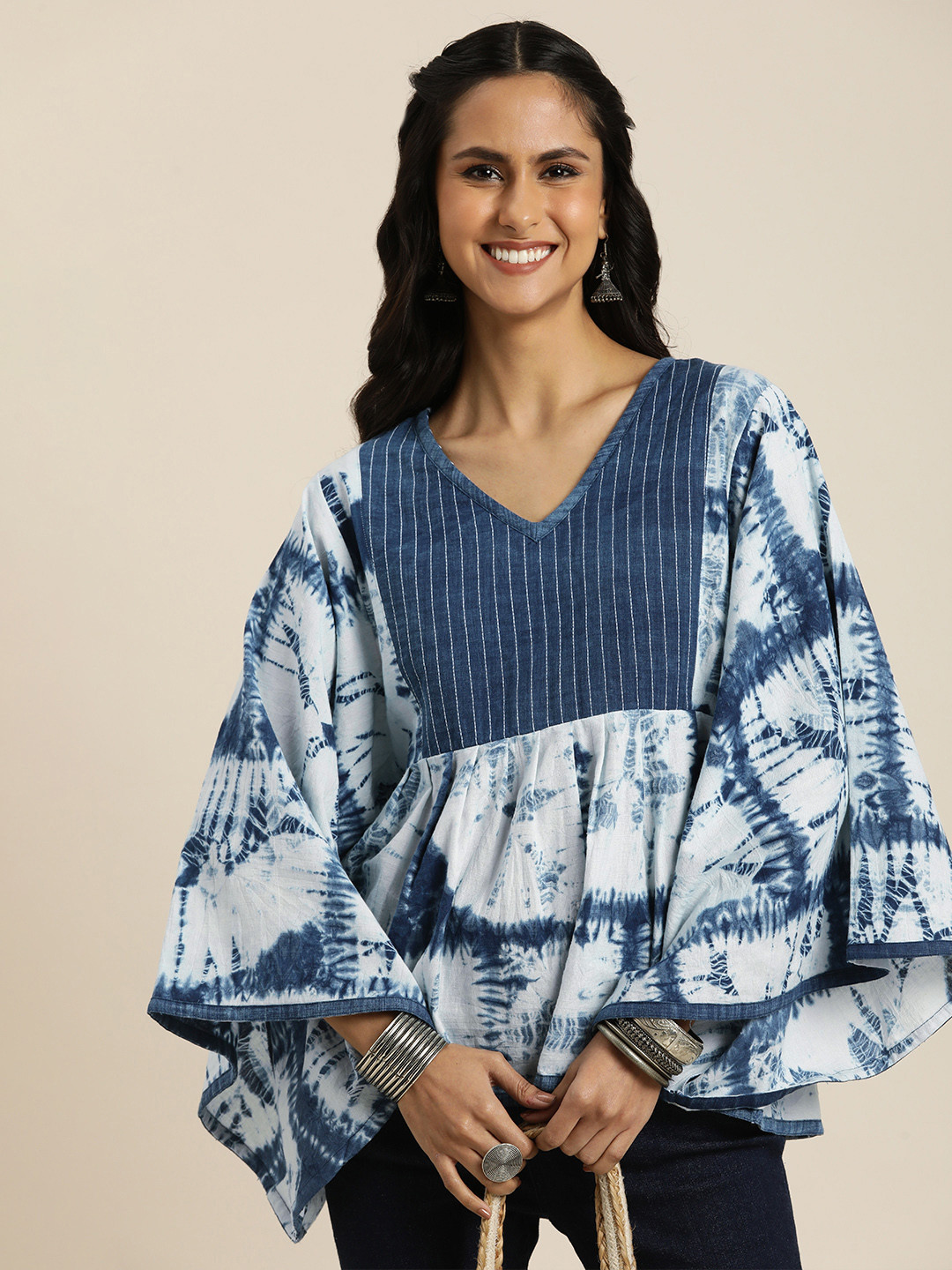 Buy Taavi Indigo Denim V Neck Batwing Sleeves Tie And Dye Peplum Top ...
