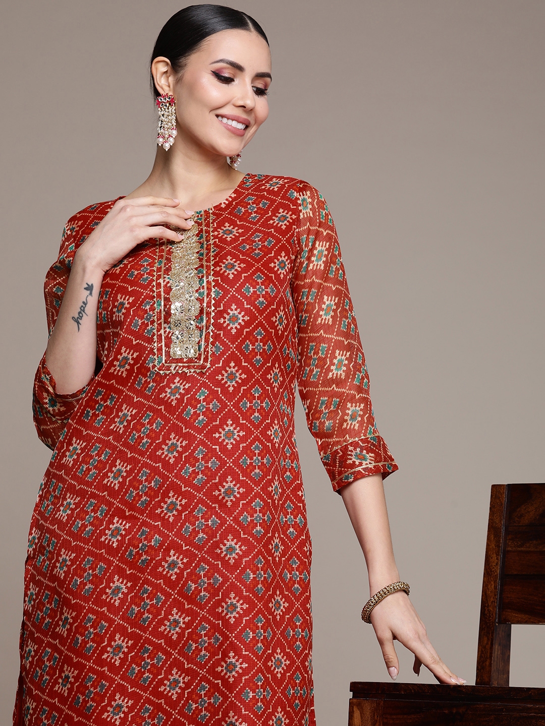 Buy Anouk Women Red Ethnic Motifs Printed Regular Sequinned Kurta With