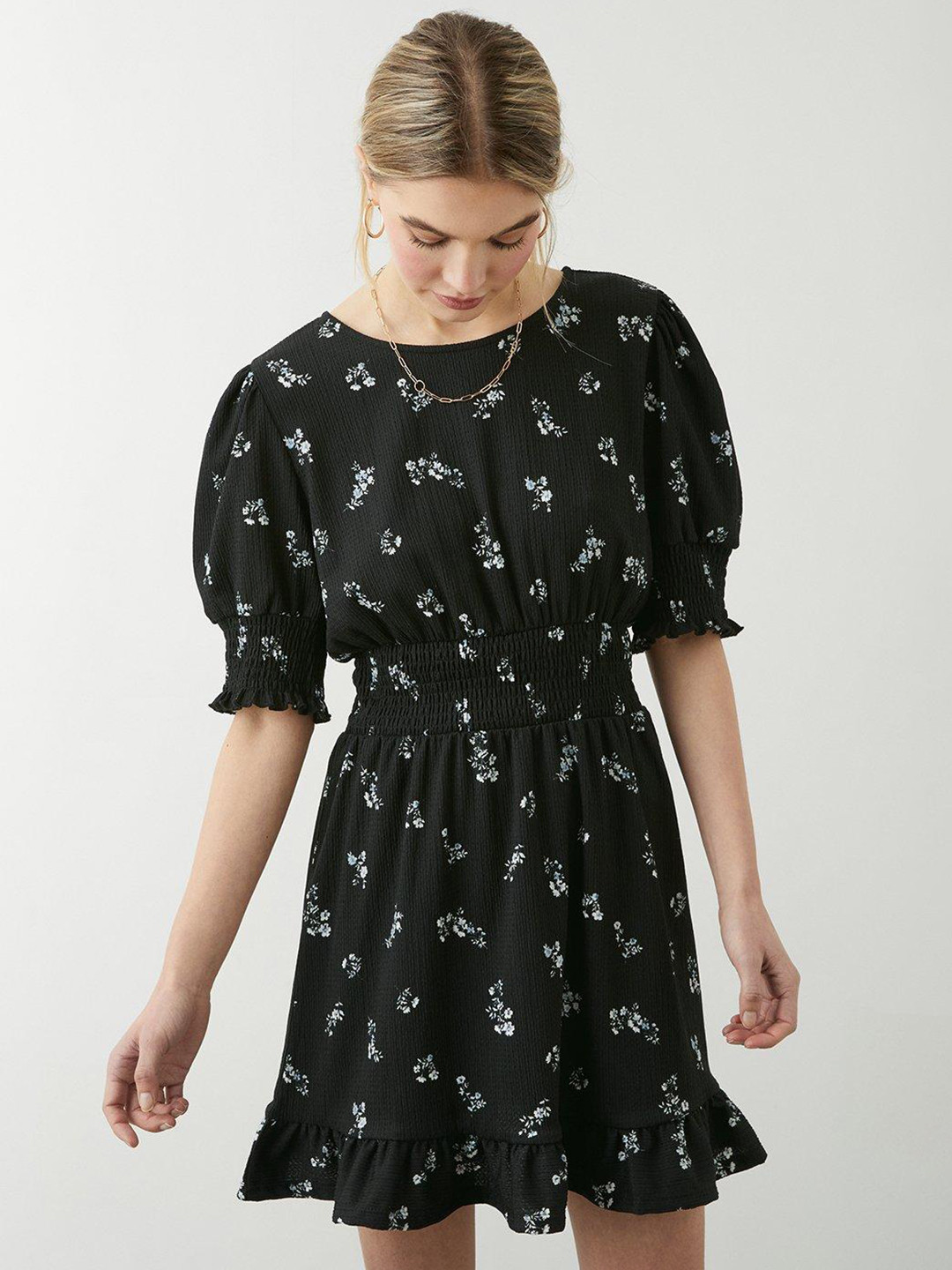 Buy DOROTHY PERKINS Smocked Waist Floral Print Puff Sleeves A Line Mini ...