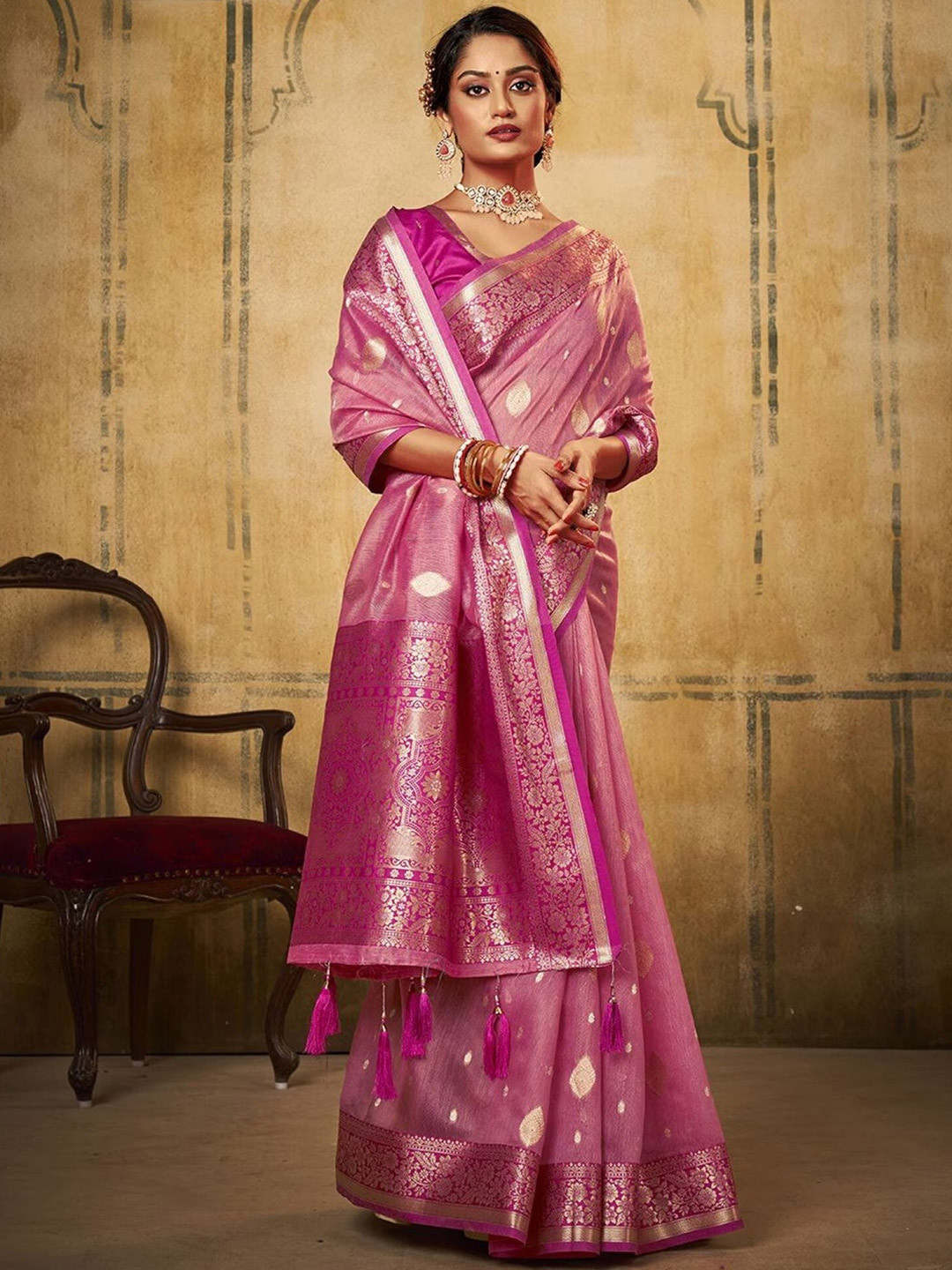 Buy Mitera Pink & Gold Toned Ethnic Woven Design Zari Tissue Banarasi ...