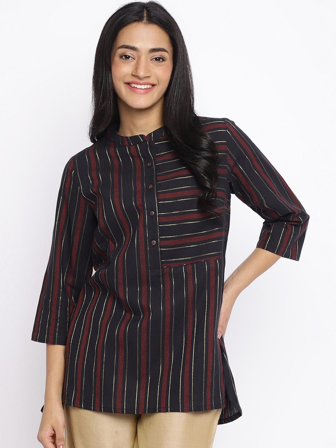 Buy Fabindia Mandarin Collar Striped High Low Kurti - Kurtis for Women ...