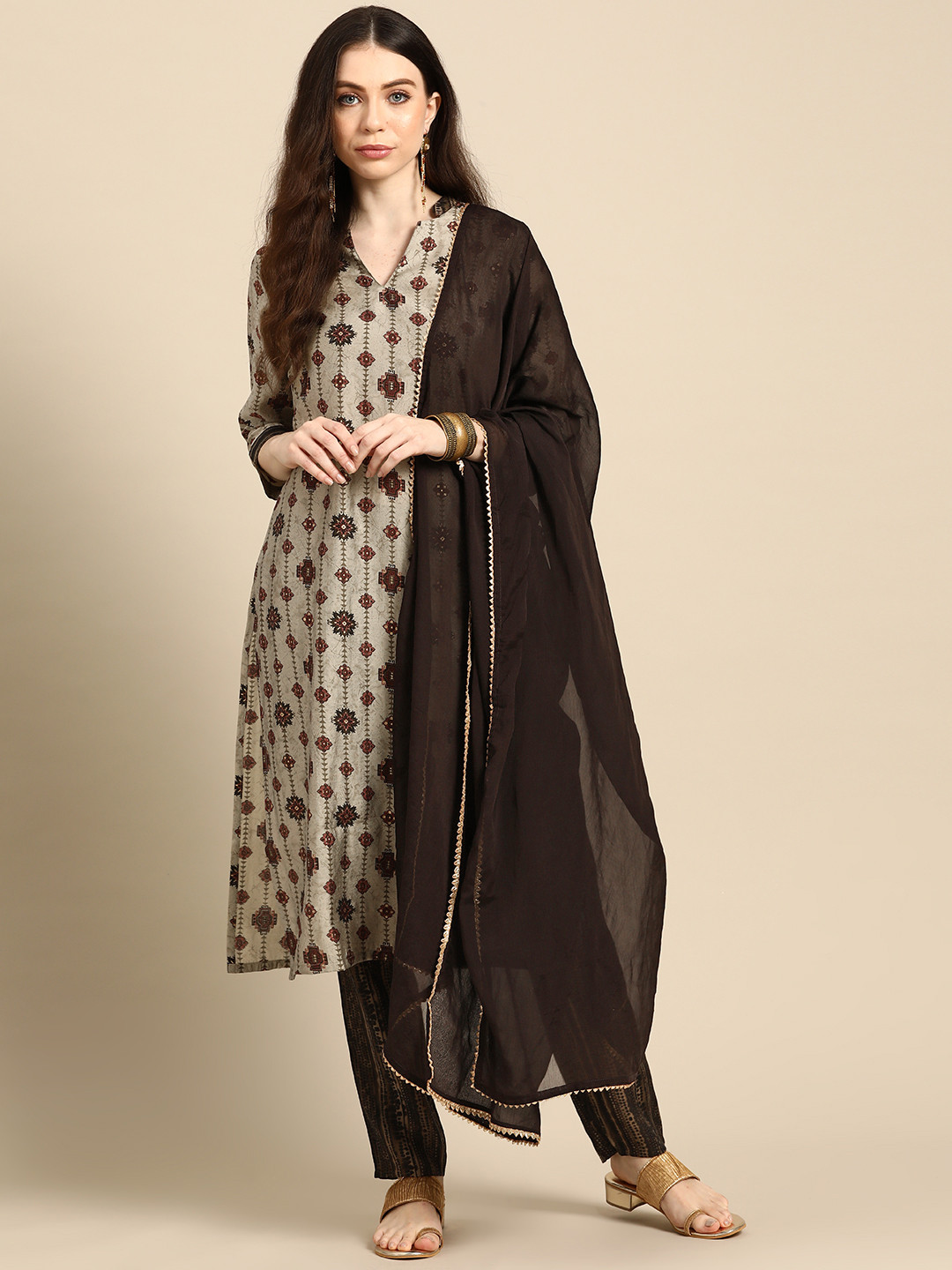 Buy Anouk Tribal Foil Printed Kurta With Trousers & Dupatta - Kurta ...