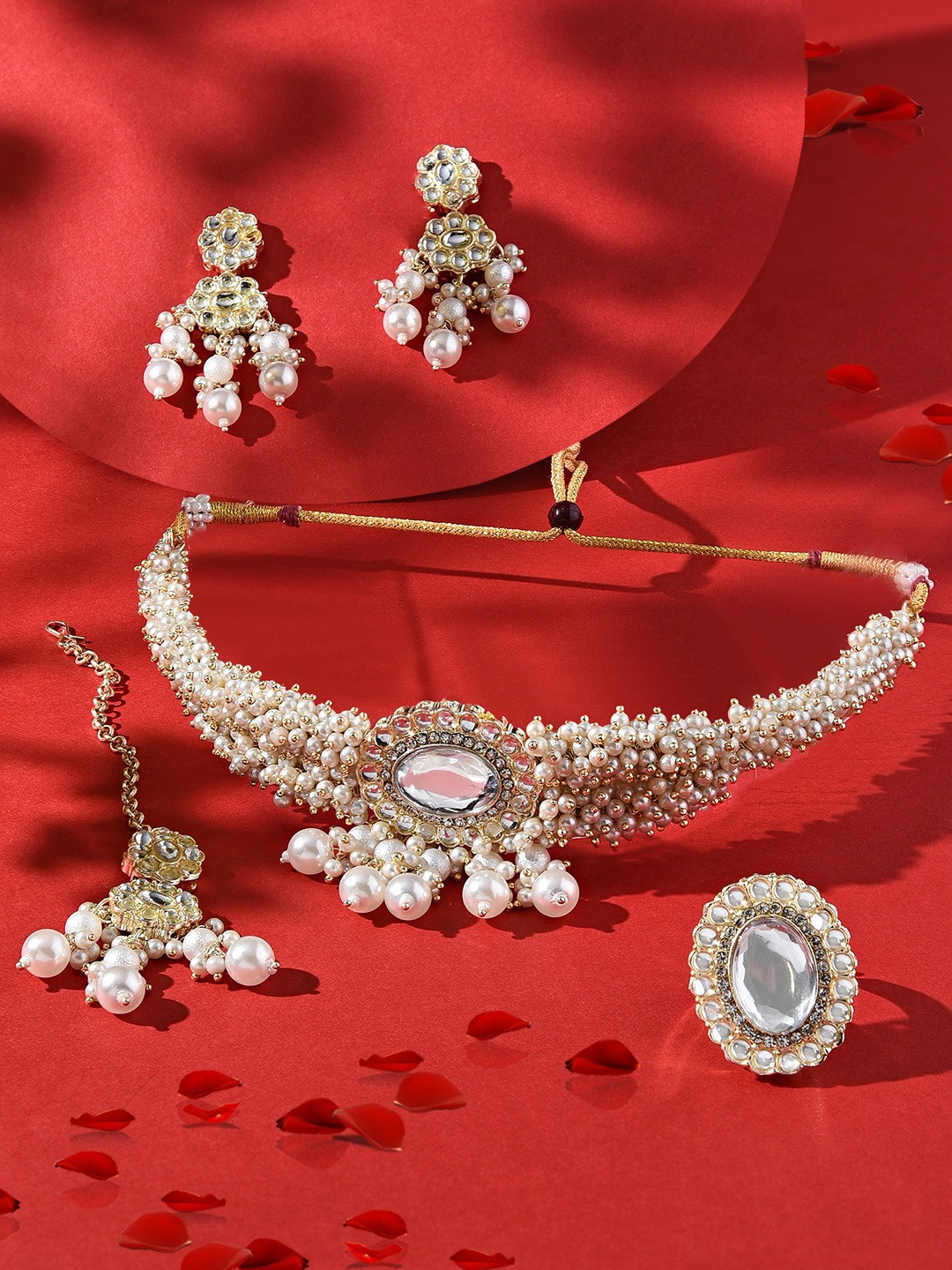 Buy Zaveri Pearls Gold Plated Pearl & Stone Studded Jewellery Set ...