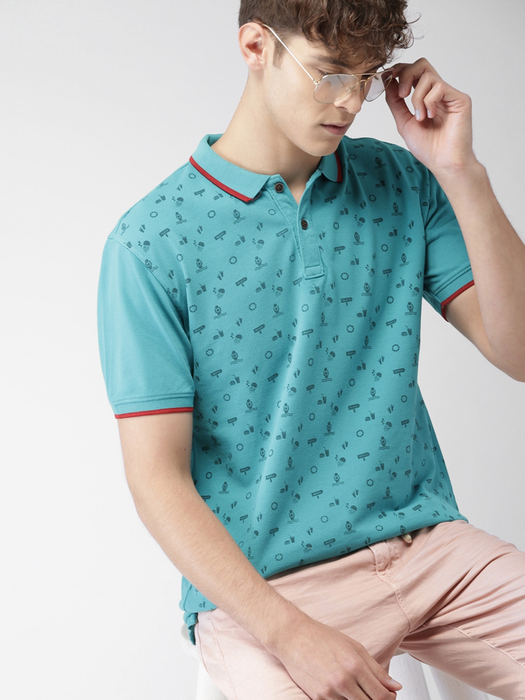Buy Mast Harbour Men Blue Printed Slim Fit Polo Collar Pure Cotton T
