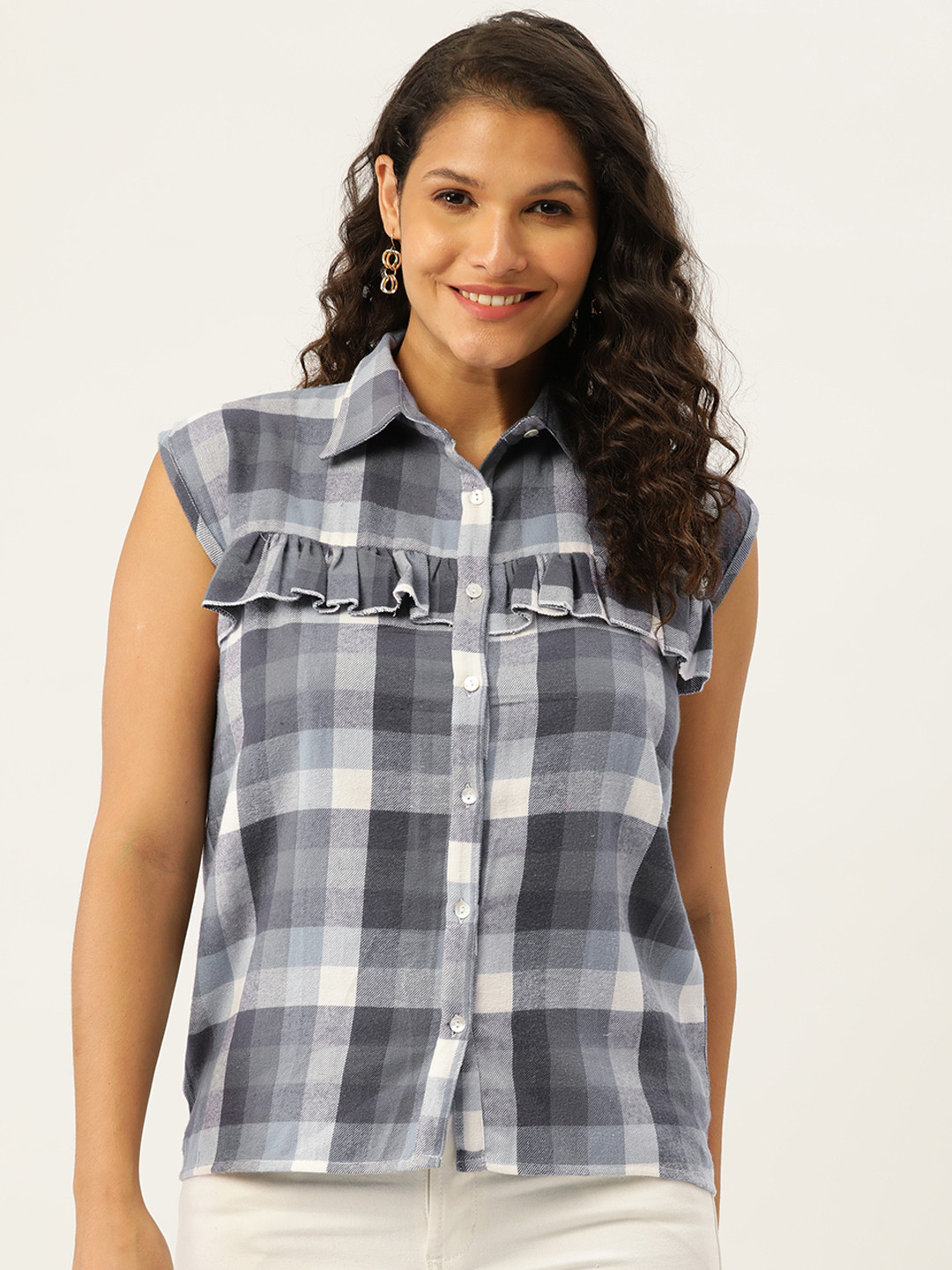 Buy Belle Fille Blue & White Checked Top - Tops for Women 23007792 | Myntra