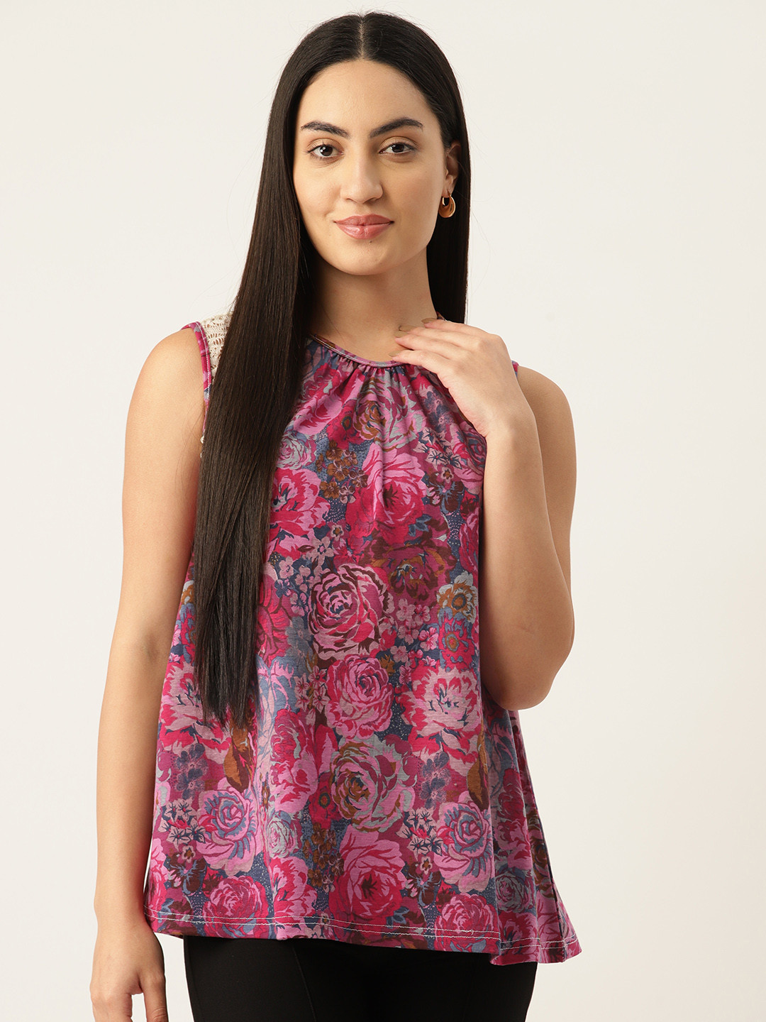 Buy Belle Fille Floral Print Longline Top With Lace Detail - Tops for ...