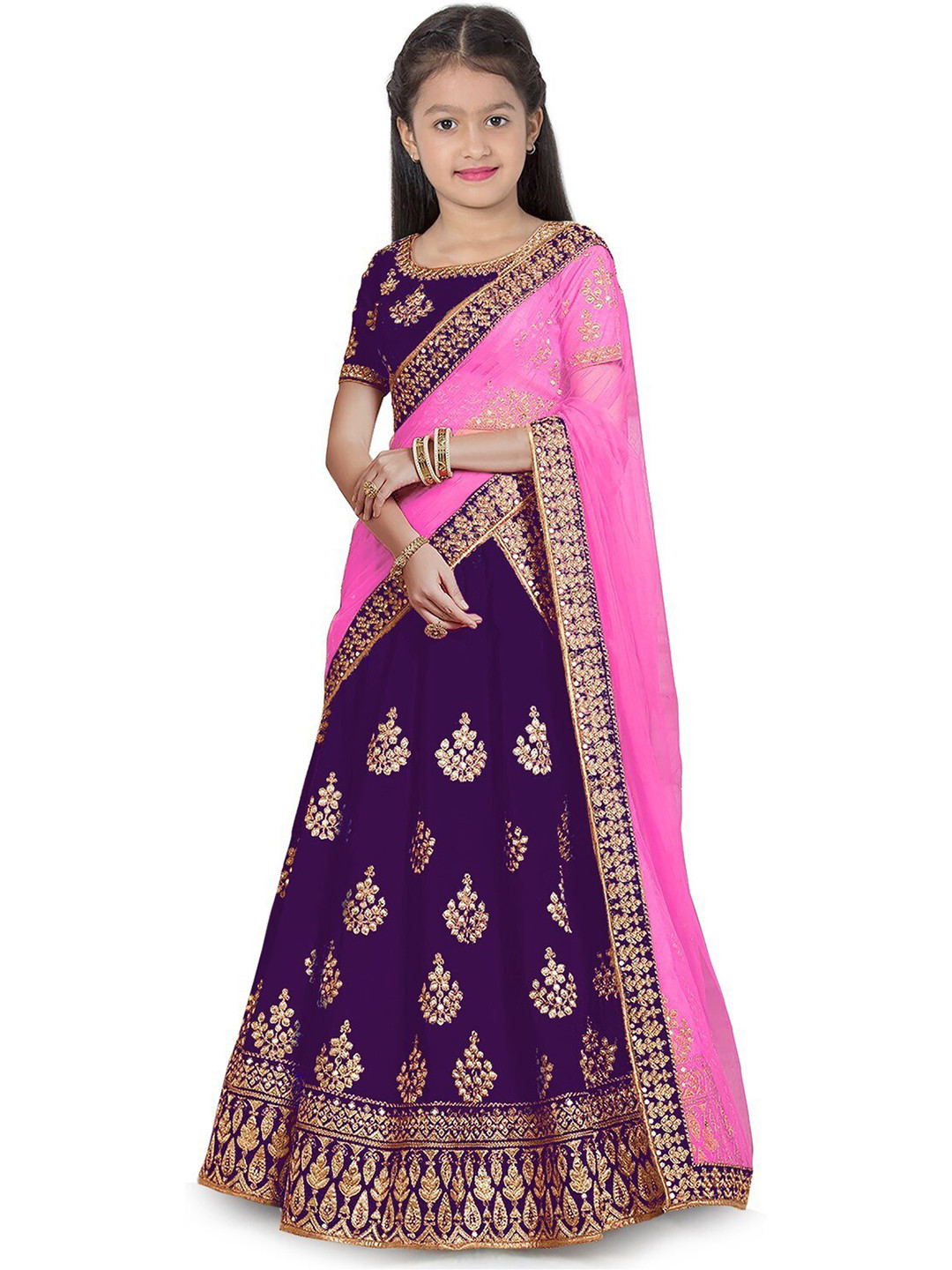 Buy BAESD Girls Embroidered Silk Semi Stitched Lehenga & Unstitched ...