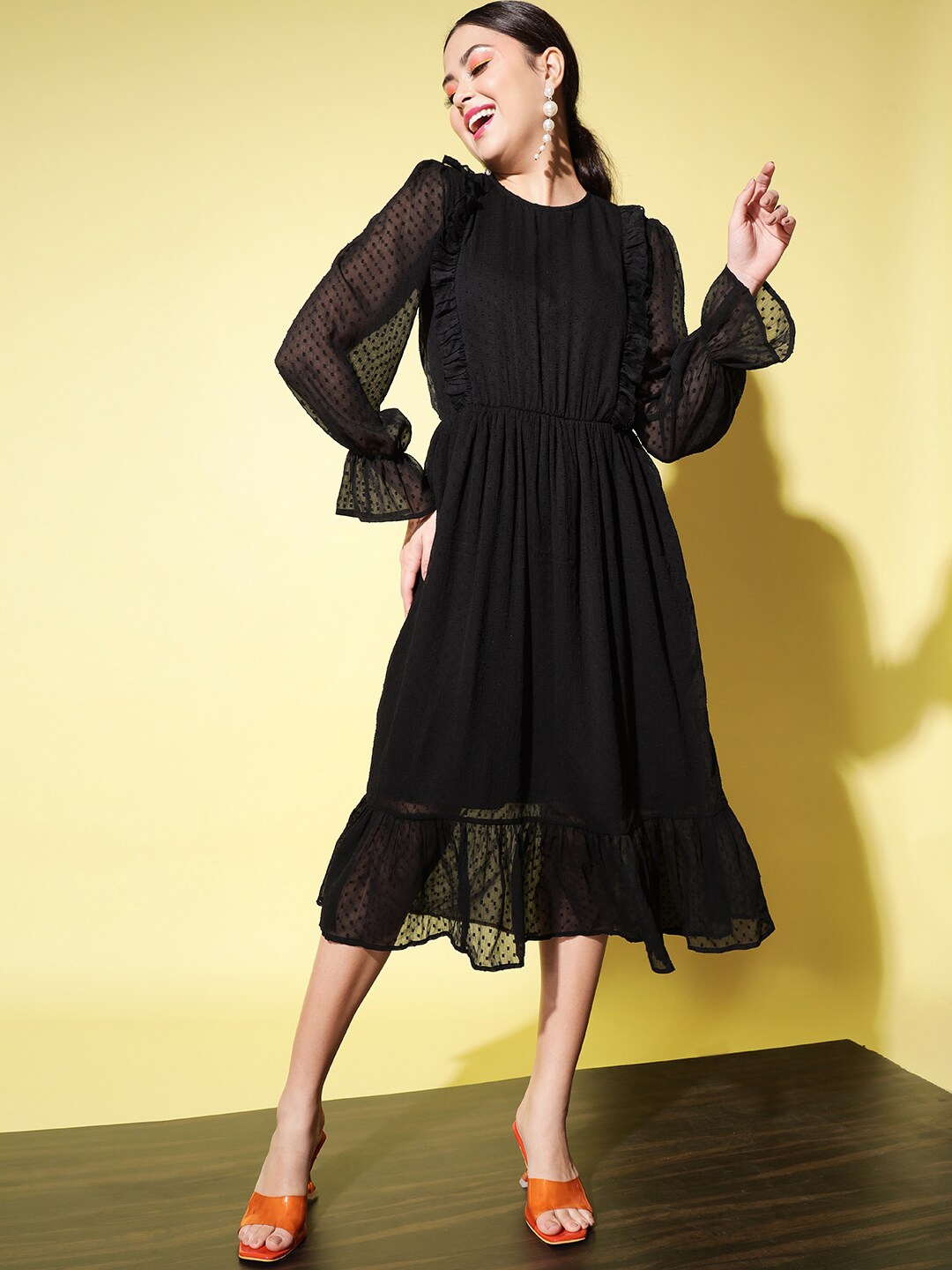 Buy Trend Arrest Puff Sleeve Ruffles Chiffon A Line Midi Dress