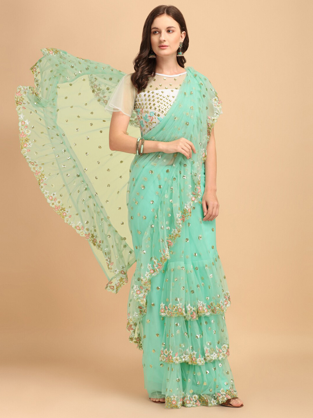 Buy JATRIQQ Embellished Sequinned Net Ruffle Saree - Sarees for Women ...