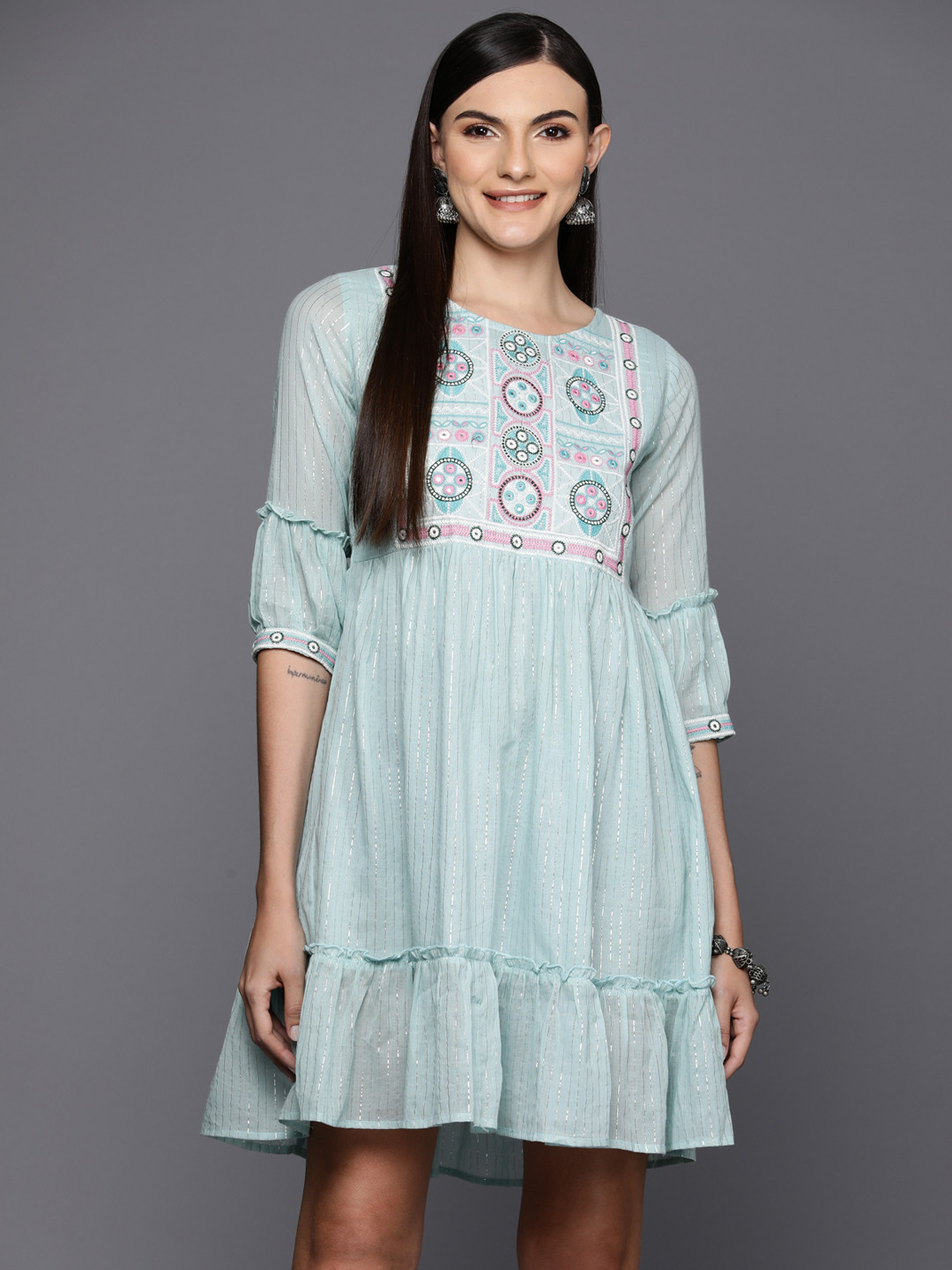 Buy Indo Era Ethnic Motifs Embroidered Puff Sleeves A Line Dress ...