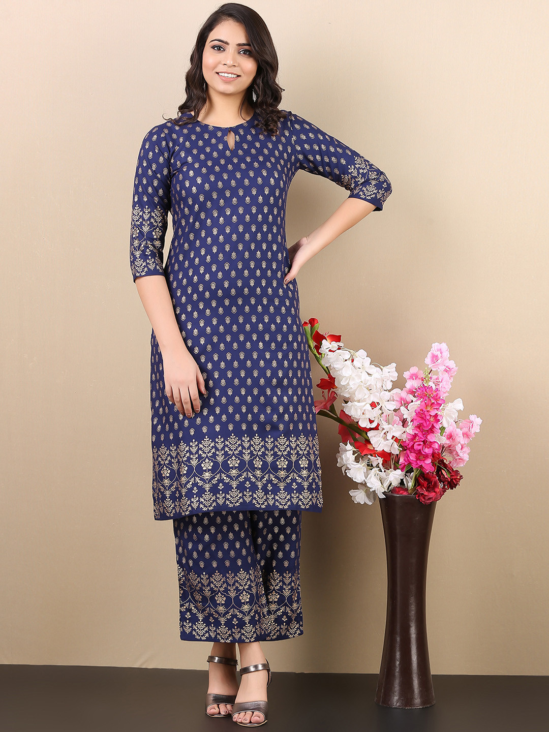 Buy V TRADITION Ethnic Motifs Printed Keyhole Neck Kurta With Trousers ...