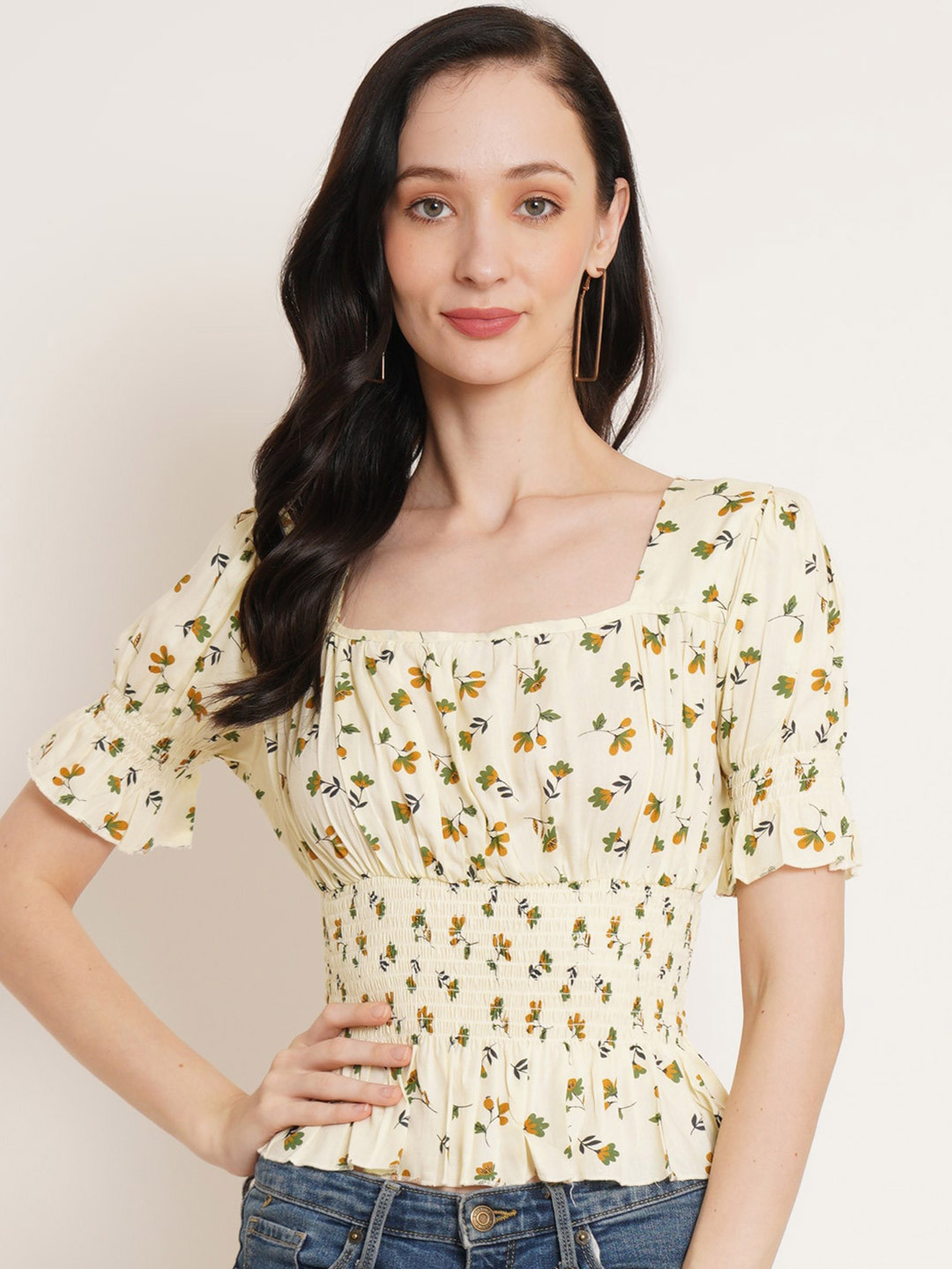 Buy U&F Yellow Floral Printed Puff Sleeve Smocked Gathered Cinched ...