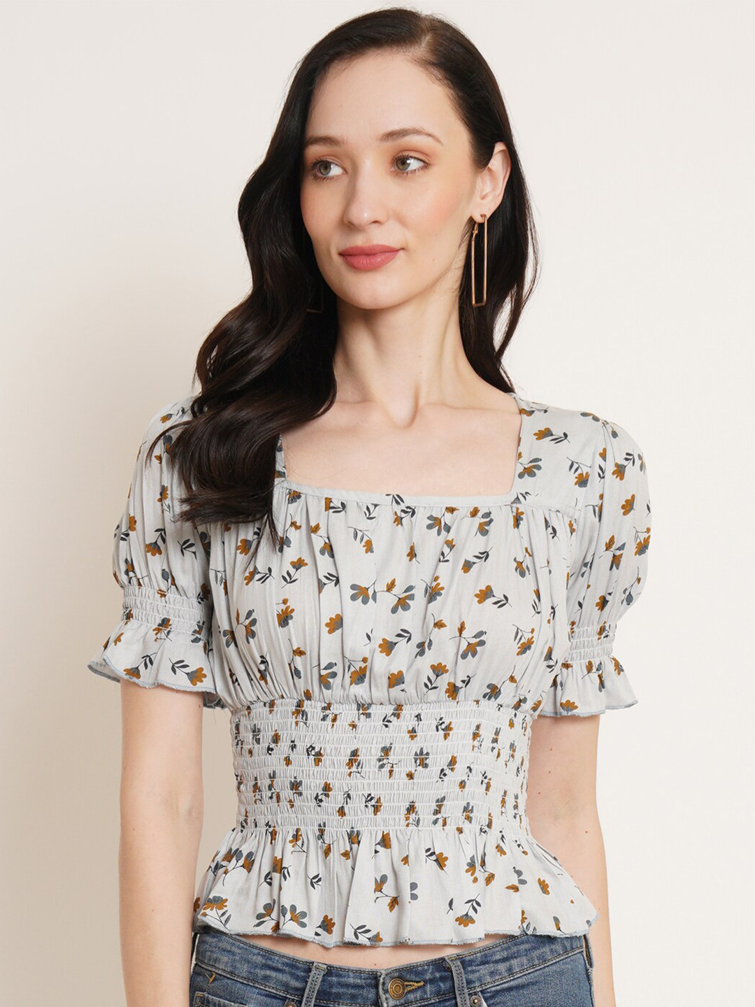 Buy U&F Grey Floral Printed Puff Sleeve Smocked Gathered Cinched Waist ...