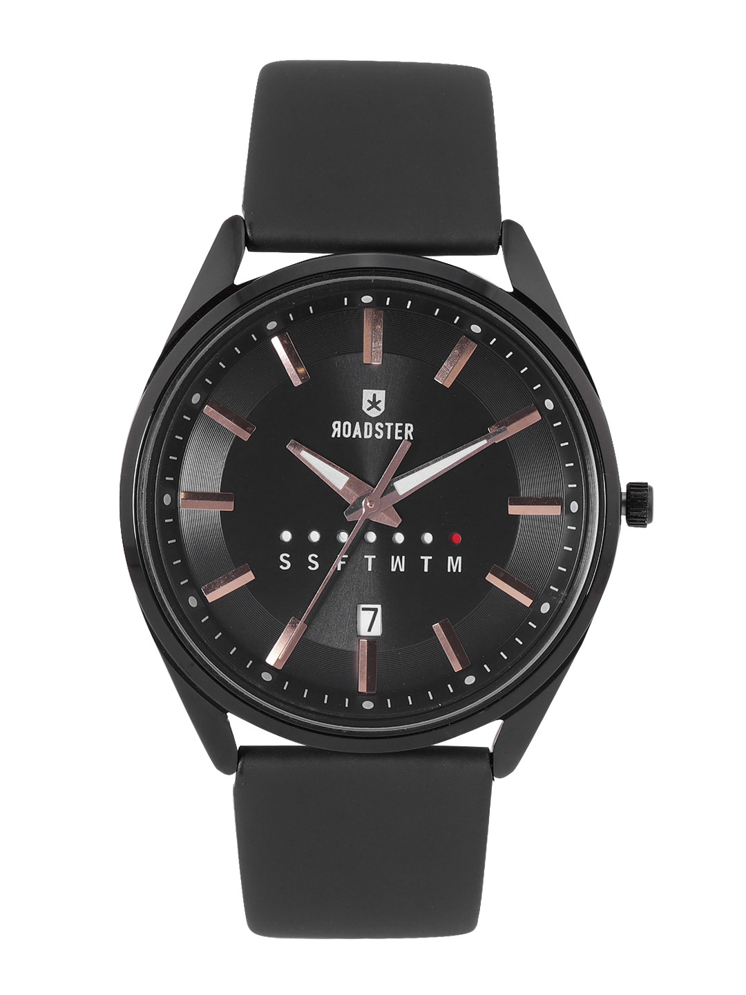 Buy Roadster Men Black Brass Embellished Dial & Black Leather Straps ...