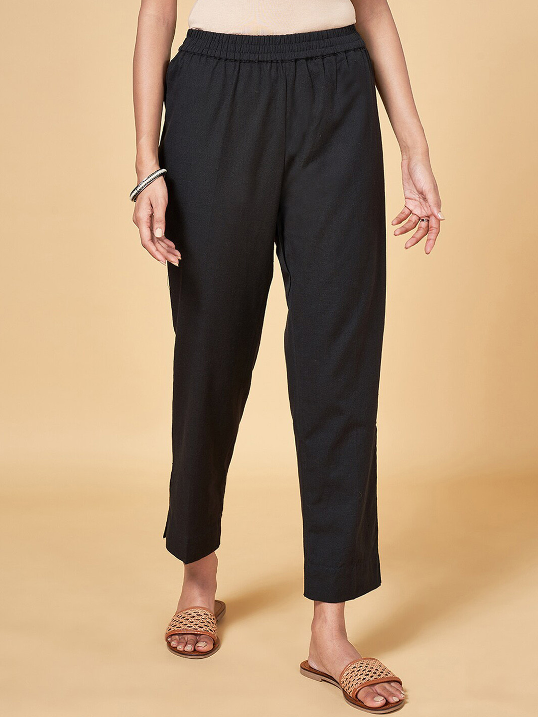 Buy RANGMANCH BY PANTALOONS Women Mid Rise Cropped Cotton Trousers ...