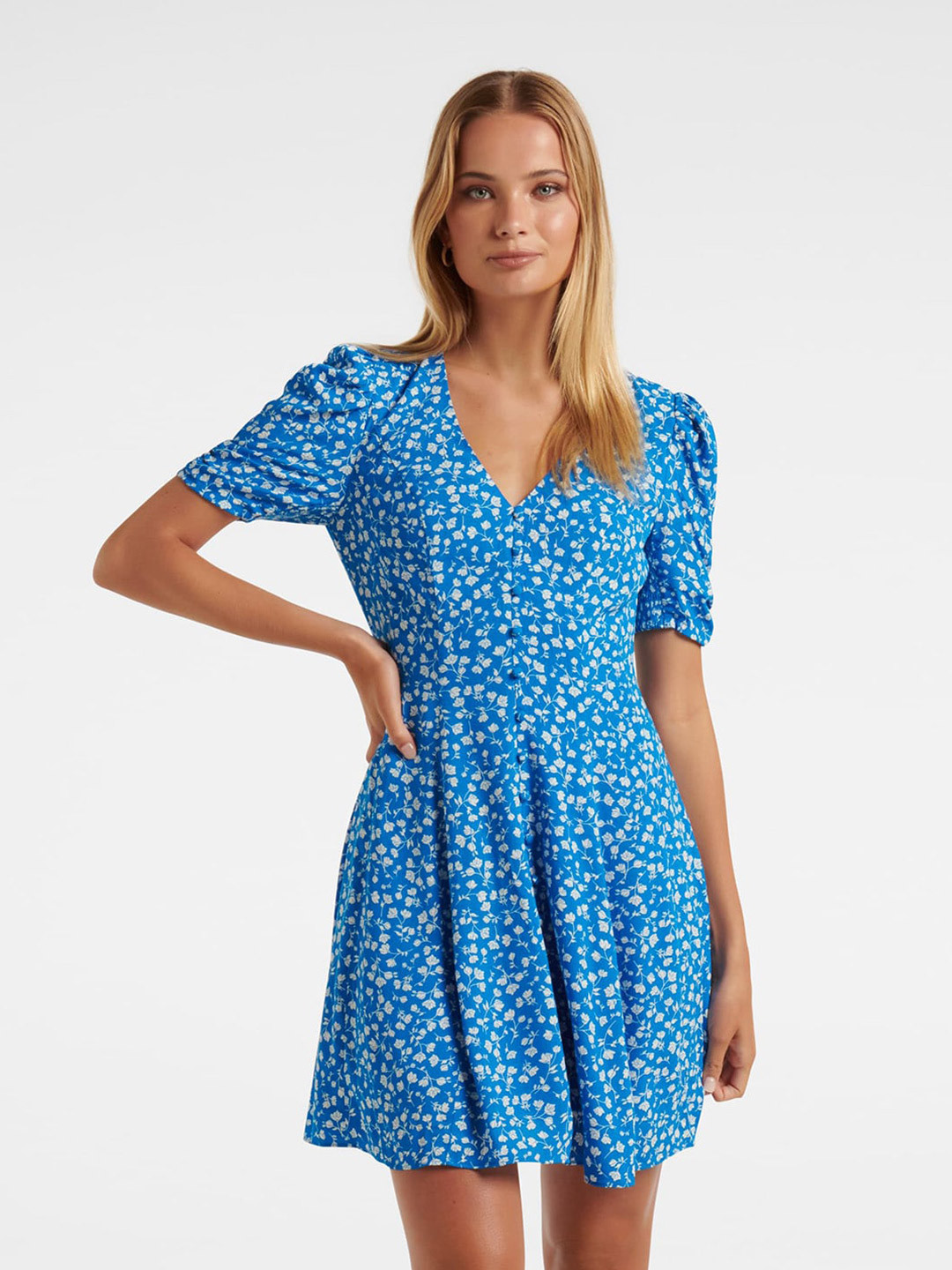 Buy Forever New Blue Floral Print Puff Sleeve Fit & Flare Dress ...