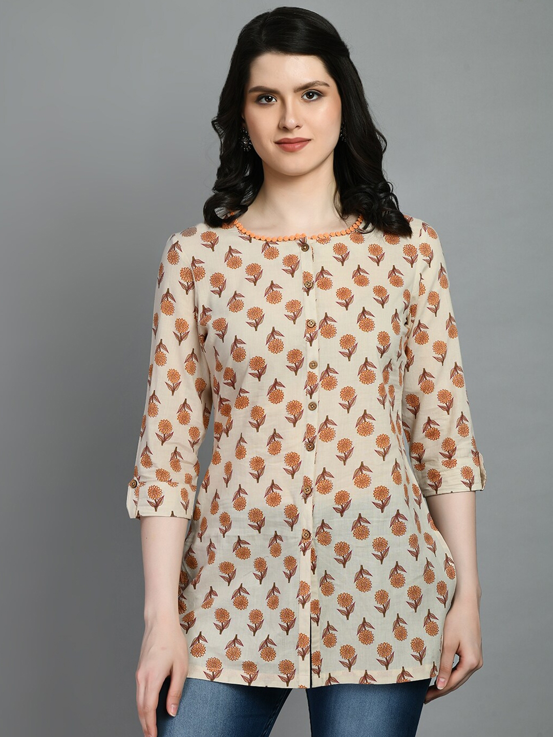 Buy MEESAN Round Neck Floral Printed Cotton Tunic - Tunics for Women ...