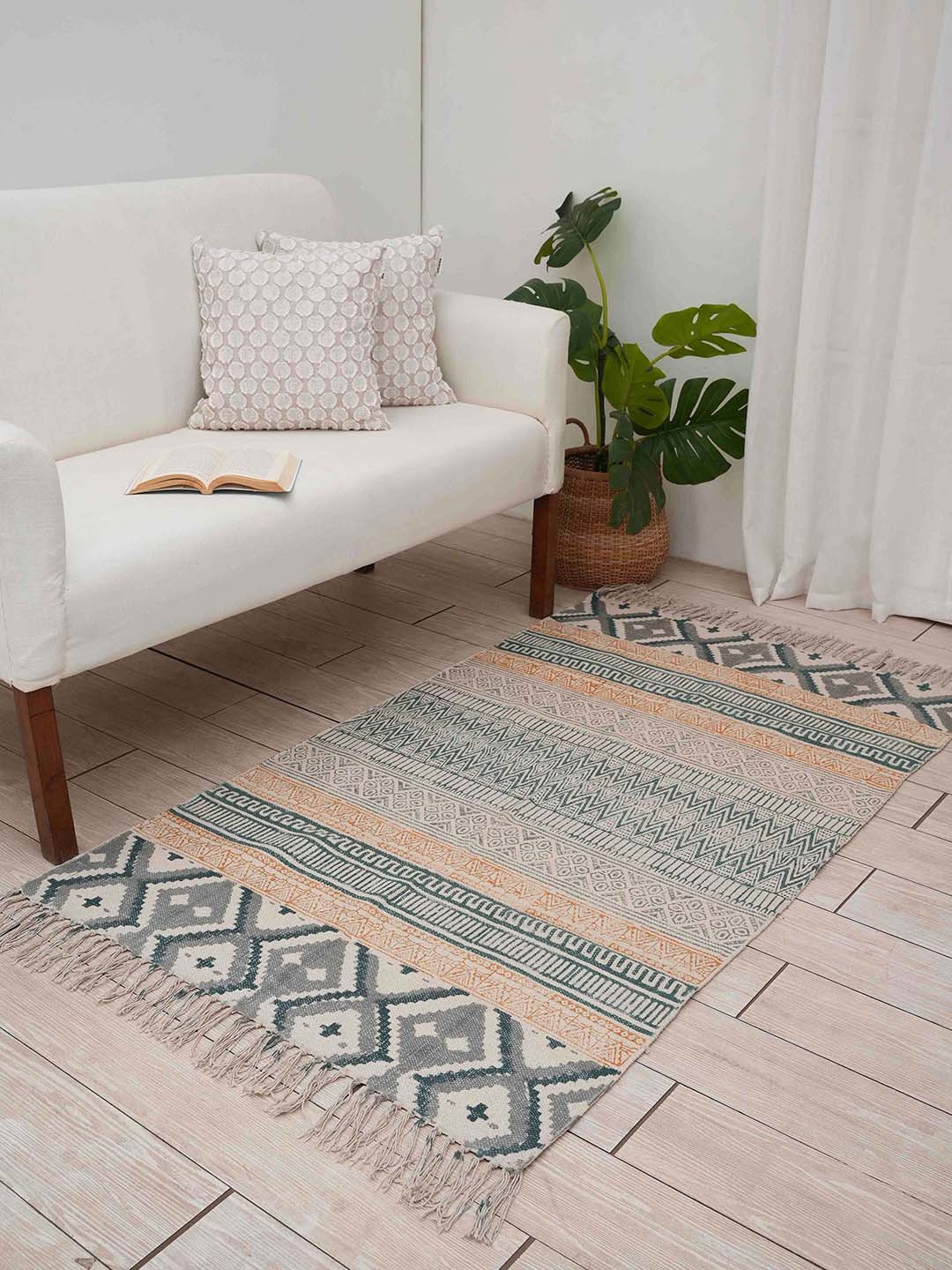 Buy Ariana Dari Grey & Beige Block Printed Pure Cotton Carpet - Carpets ...