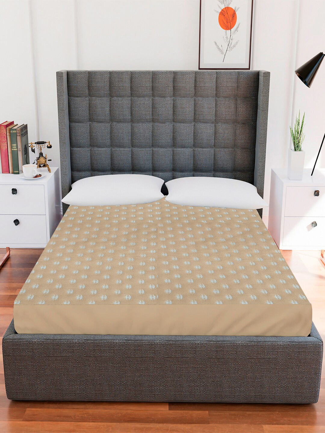 Buy AVI Beige & White Self Designed Single Bed Mattress Protector ...