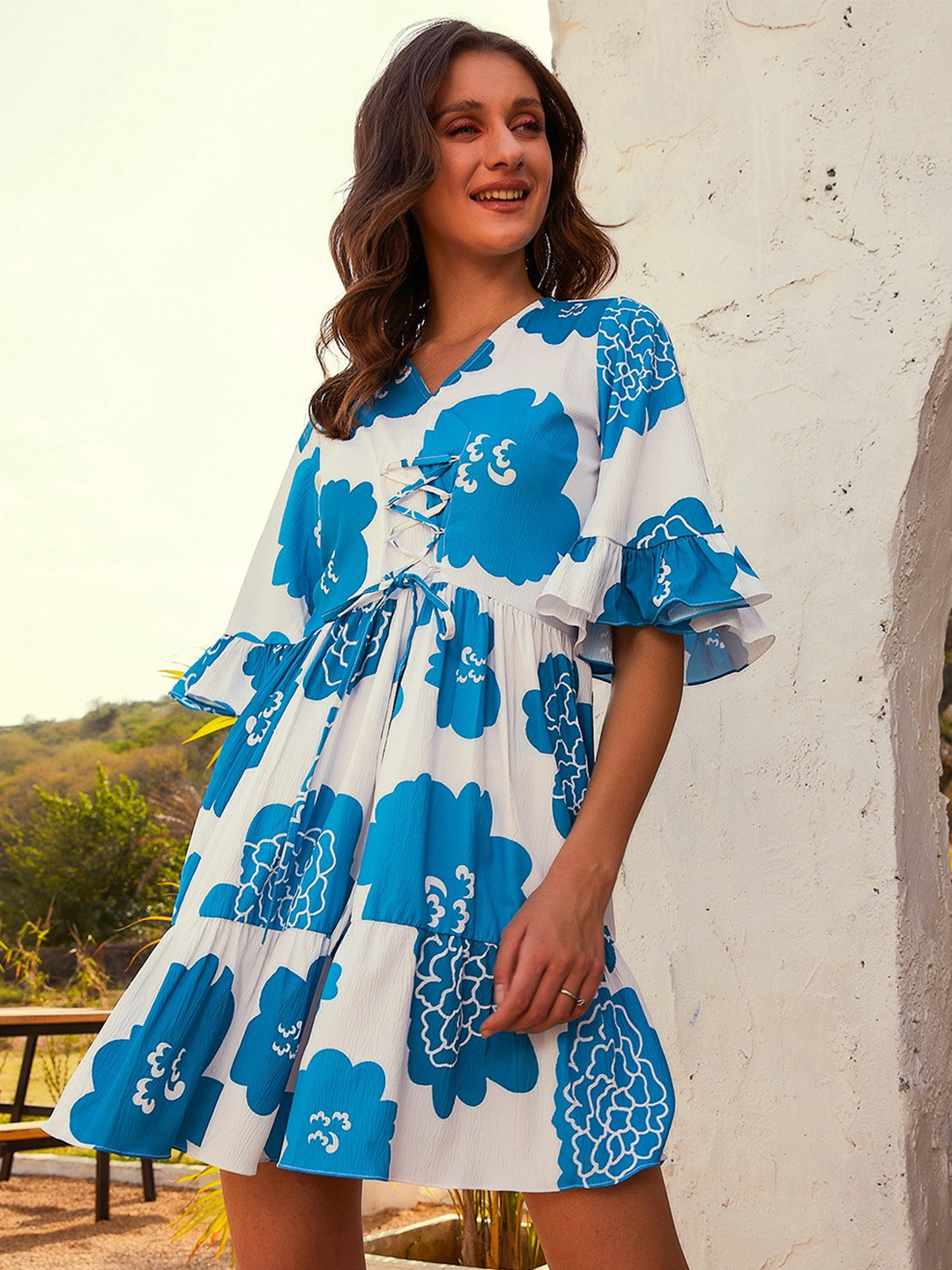 Buy Athena Floral Print Bell Sleeve A Line Dress - Dresses for Women ...