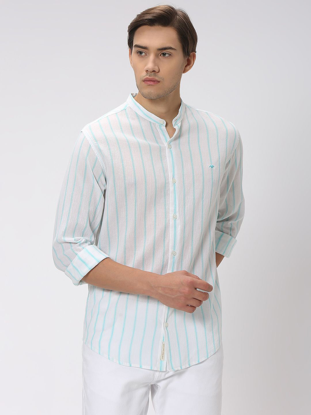 Buy Mufti Slim Fit Vertical Striped Band Collar Cotton Linen Casual ...