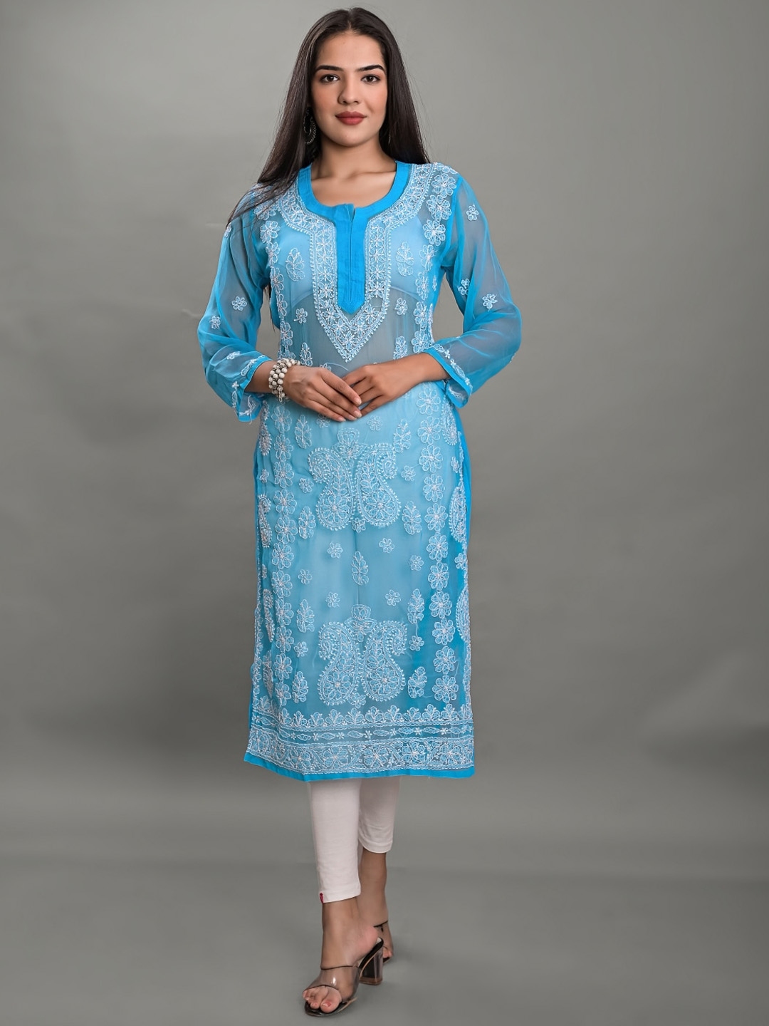Buy Apratim Turquoise Blue And White Ethnic Motifs Embroidered Chikankari