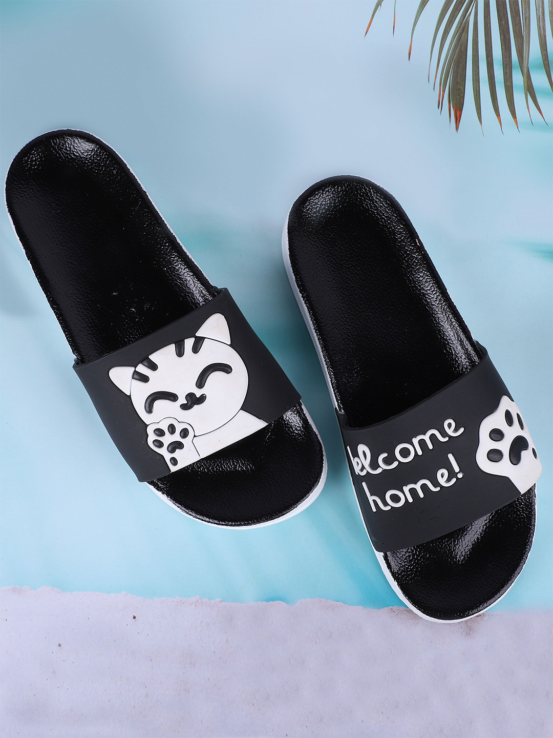 Buy DChica Girls Smiling Cat Applique Sliders - Flip Flops for Girls ...