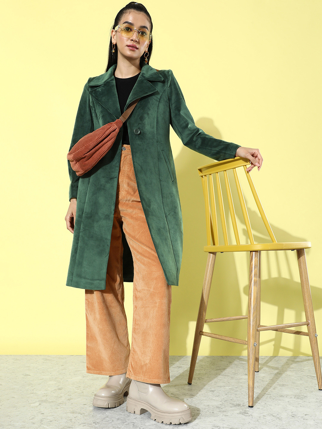 Buy 4WRD By Dressberry Notched Lapel Knee Length Velvet Finish Trench ...