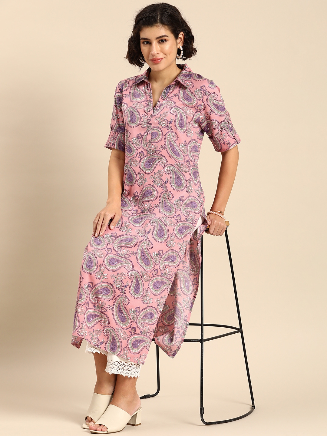 Buy Anouk Ethnic Motifs Printed Shirt Collar Roll Up Sleeve Straight