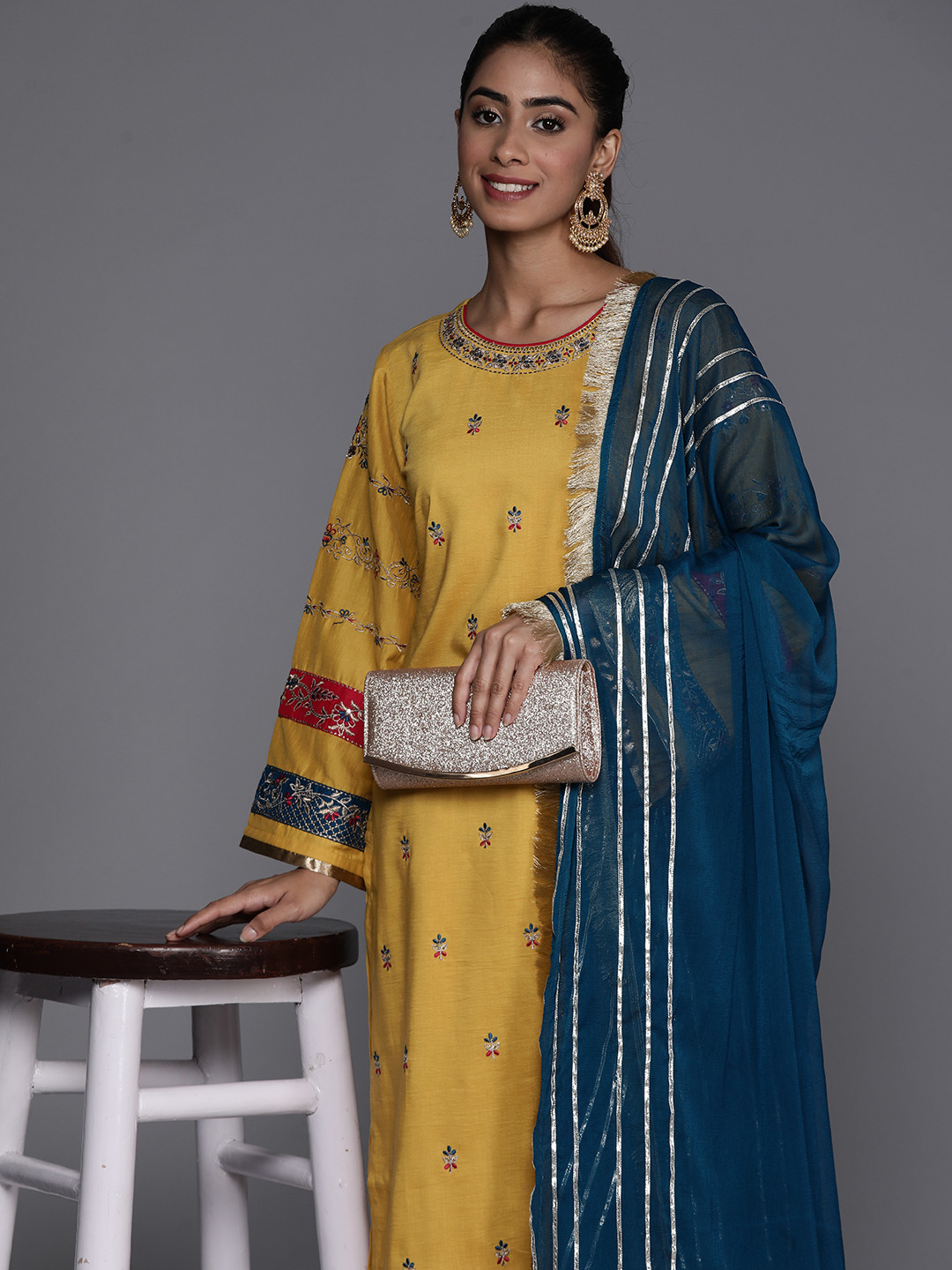 Buy Varanga Ethnic Motifs Embroidered Regular Kurta With Trousers ...