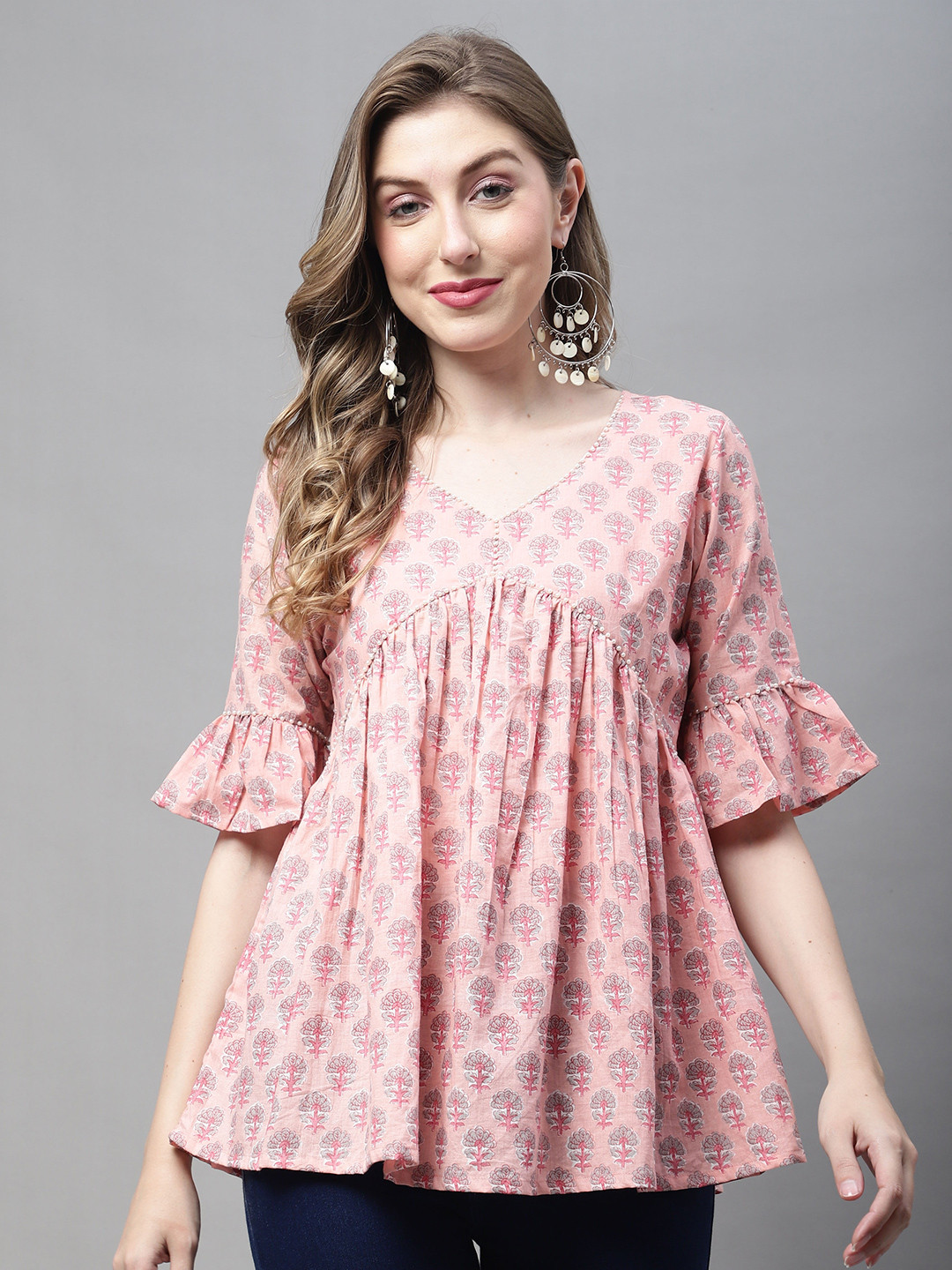 Buy Roly Poly Floral Printed V Neck Bell Sleeves Pure Cotton Empire Top ...