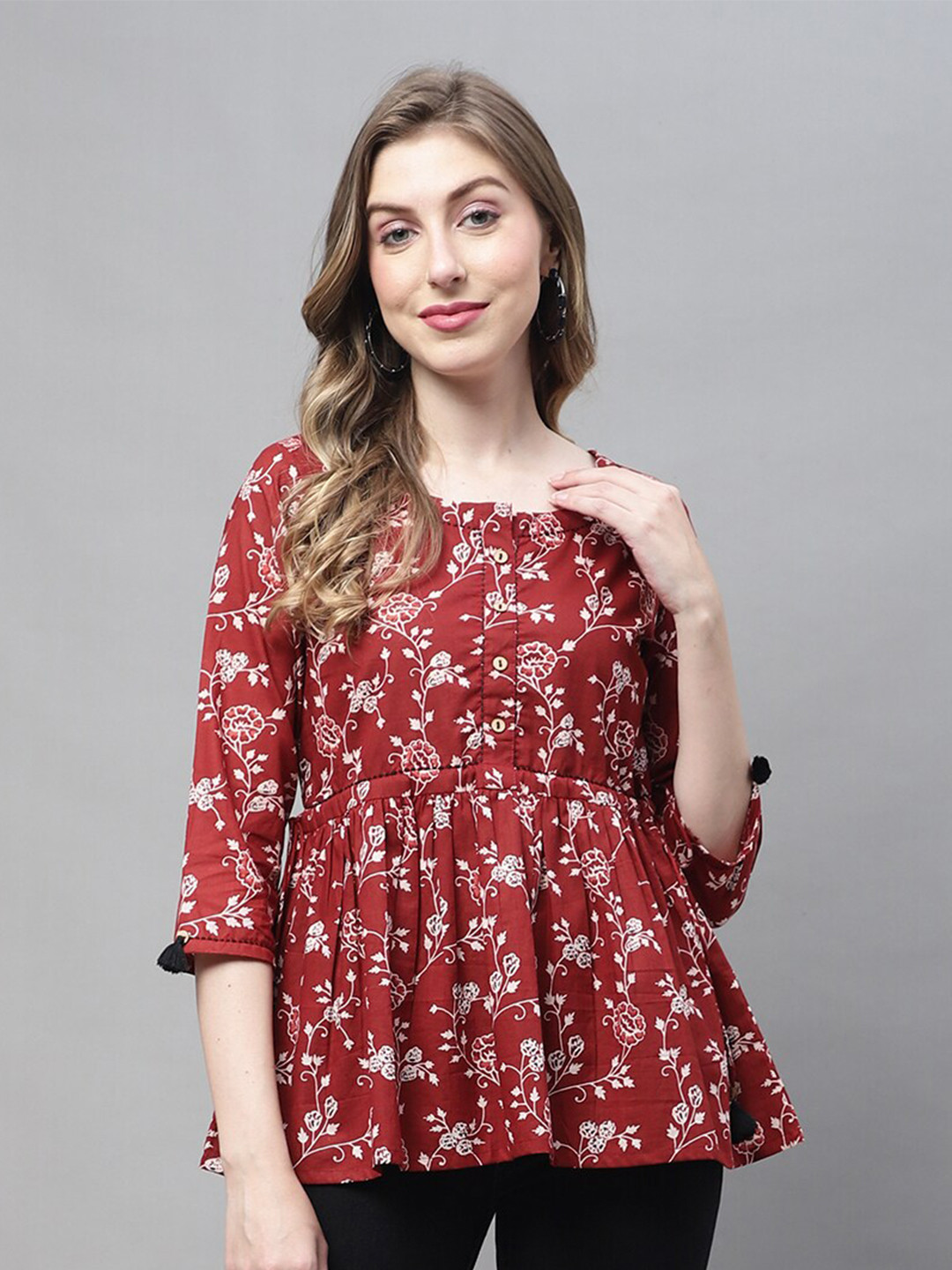 Buy Roly Poly Floral Printed Waist Tie Ups Pure Cotton Peplum Top ...