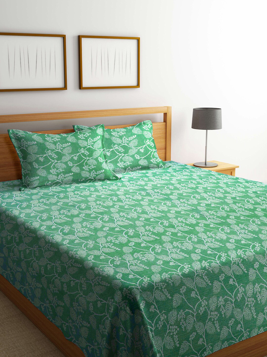 Buy FABINALIV Green & White Floral Design Cotton King Bed Cover With 2 ...