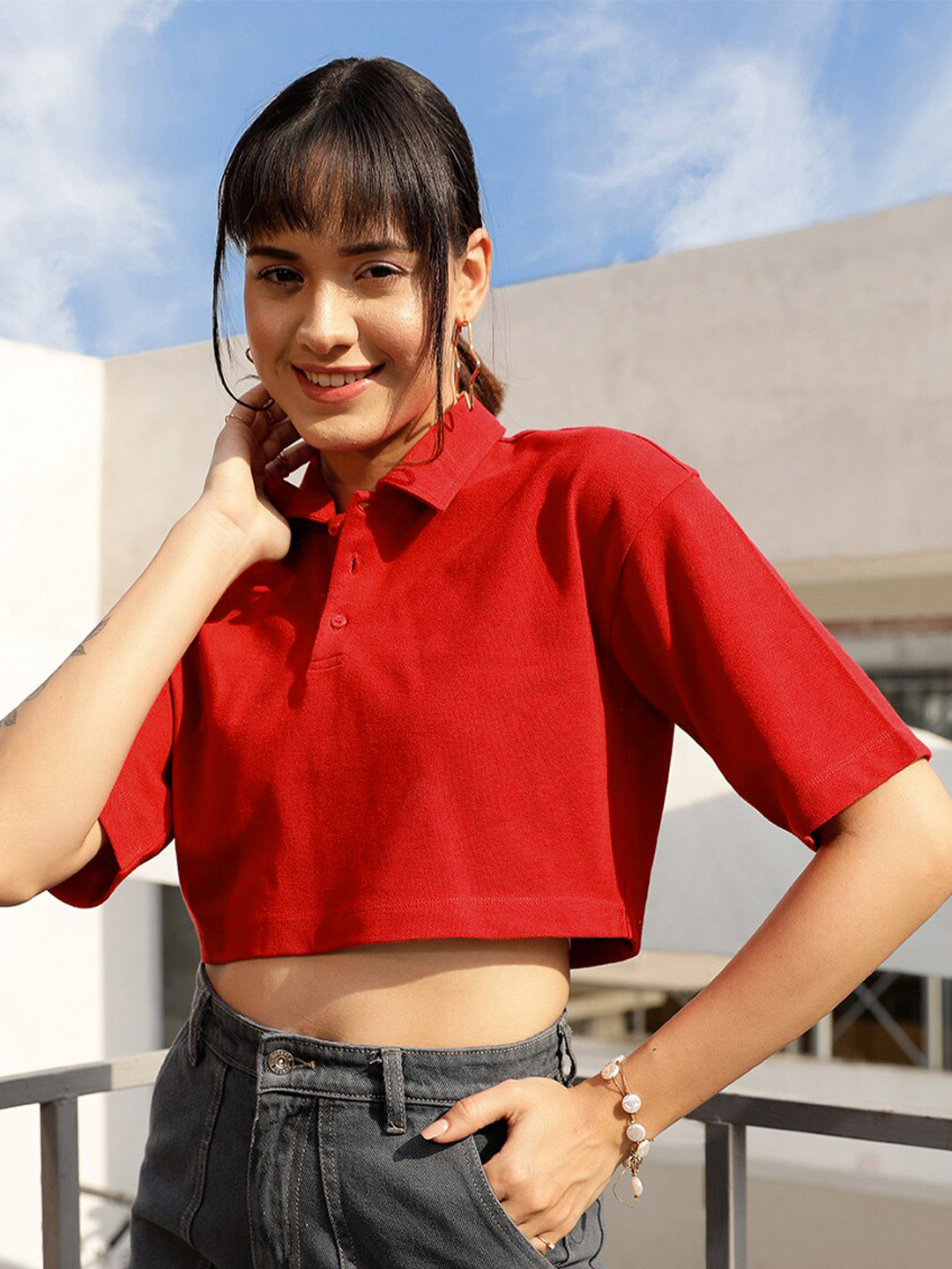 Buy STREET 9 Red Polo Collar Drop Shoulder Sleeves Crop Pure Cotton ...