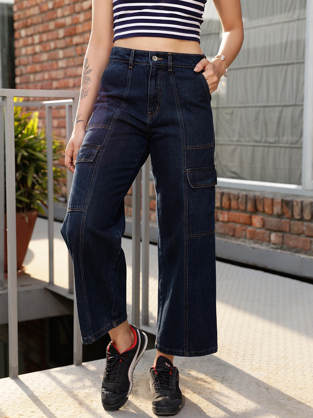 Buy STREET 9 Women Blue Jean Wide Leg High Rise Pure Cotton Jeans ...