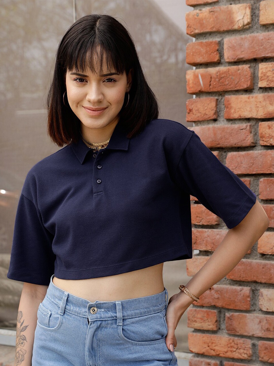 Buy Street 9 Basics Navy Blue Polo Collar Drop Shoulder Sleeves Crop