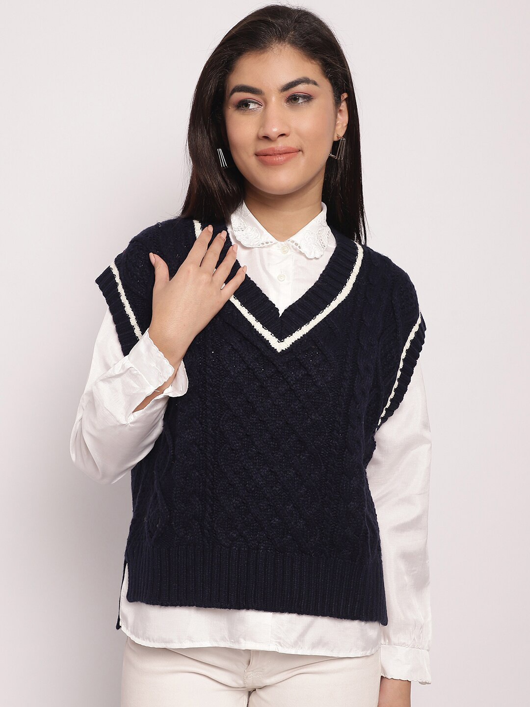 Buy NoBarr V Neck Cable Knit Acrylic Sweater Vest - Sweaters for Women ...