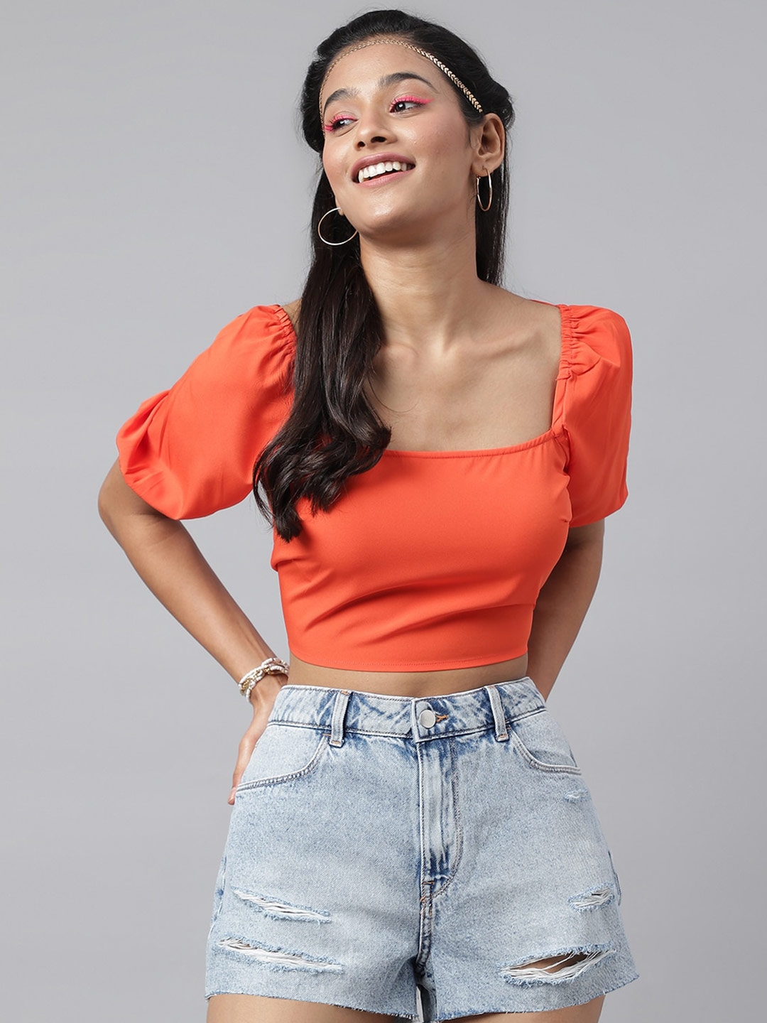 Buy Pinwheel Square Neck Puff Sleeves Styled Back Crop Top Tops For